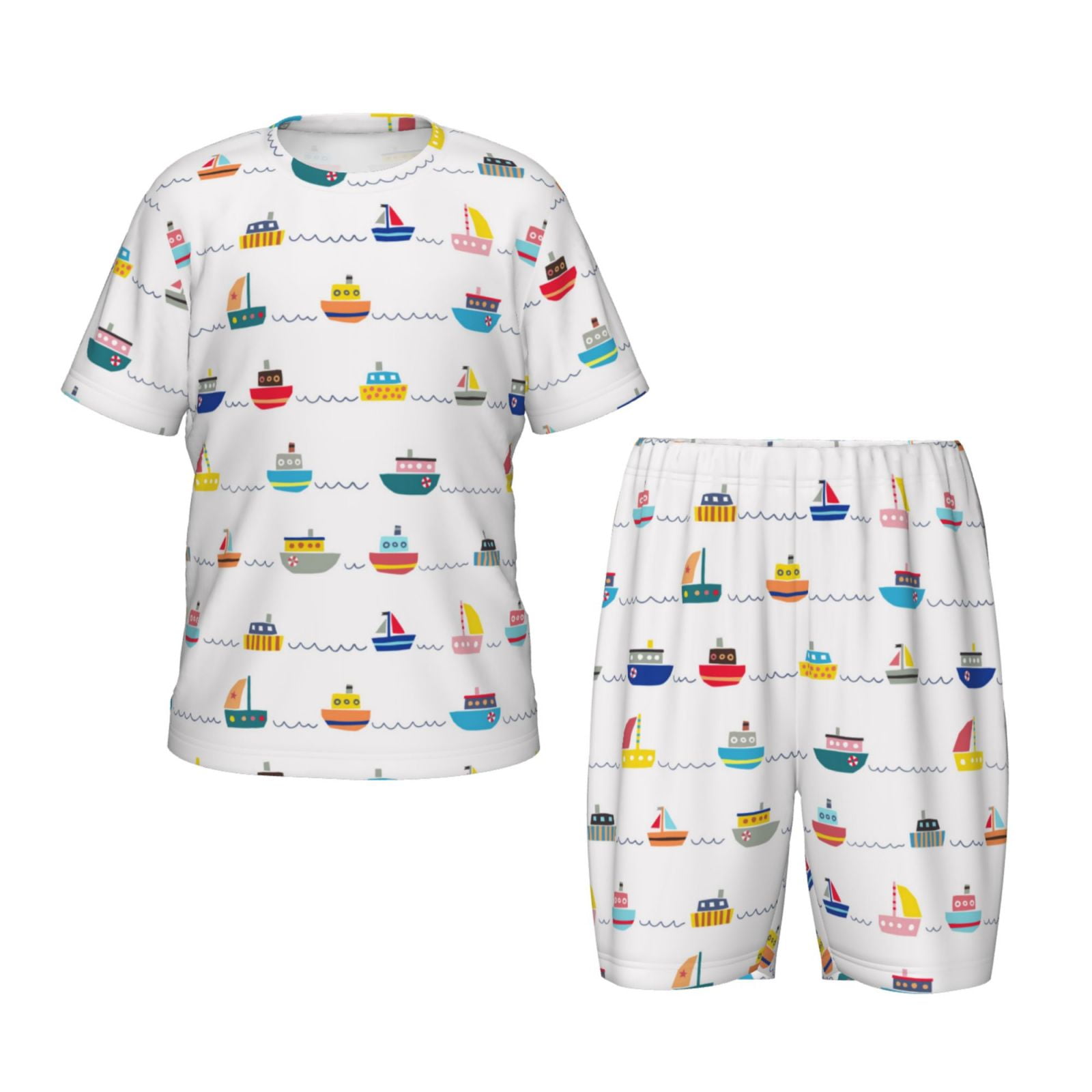 Daiia Color Ships Print Children’s Cotton Pajama Set – Short-Sleeved Top & Shorts, Lightweight ...