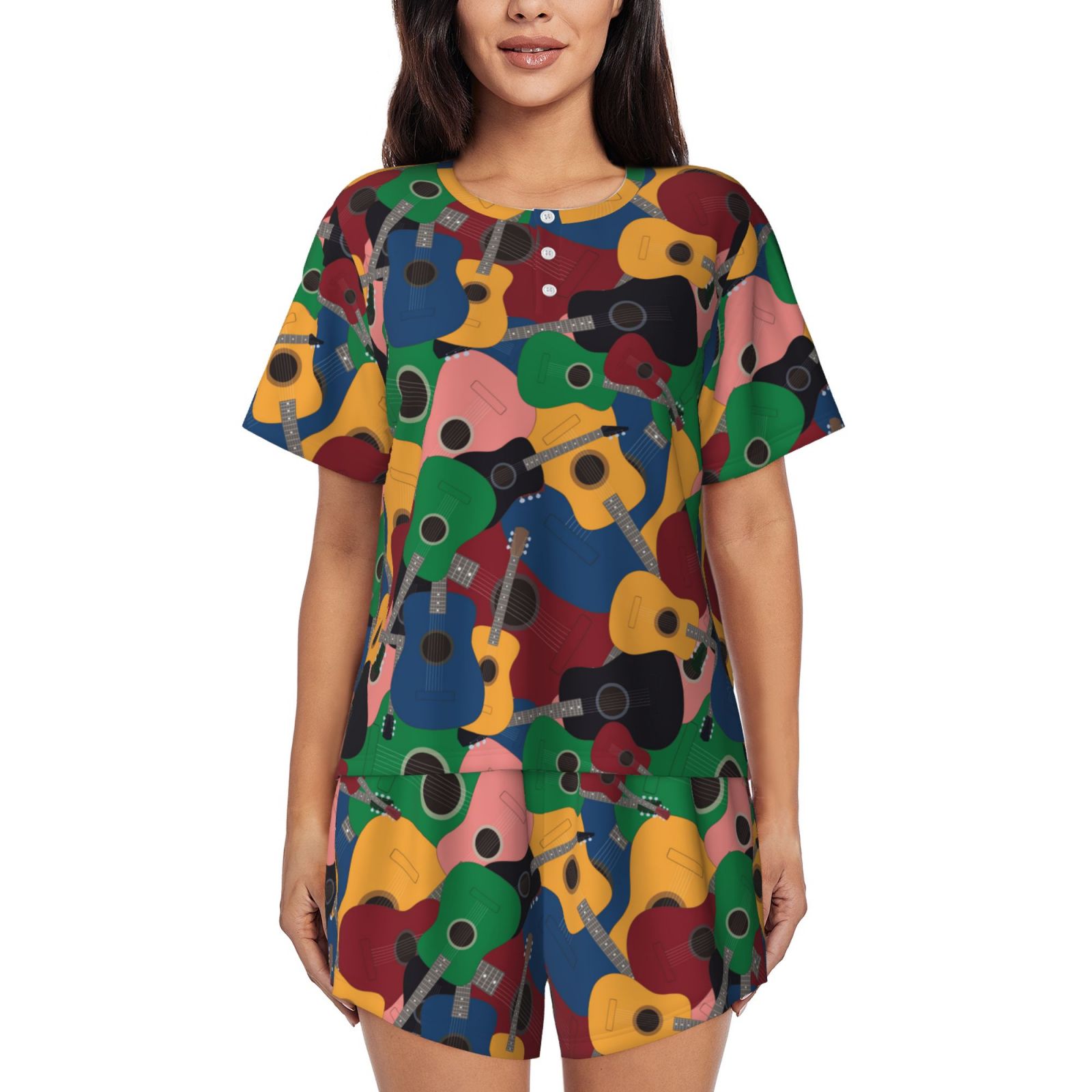 Daiia Colored Guitars Pattern Womens Pajama Sets Short Sleeve Pajamas ...