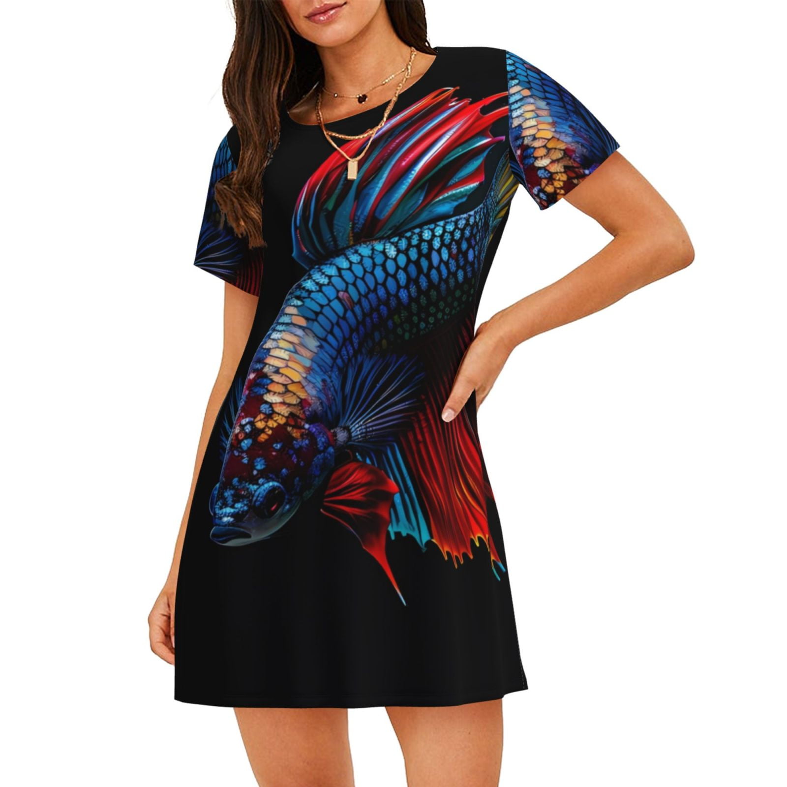 Daiia Colorful Betta Fish Print Women's Nightshirt Soft Nightgowns for ...