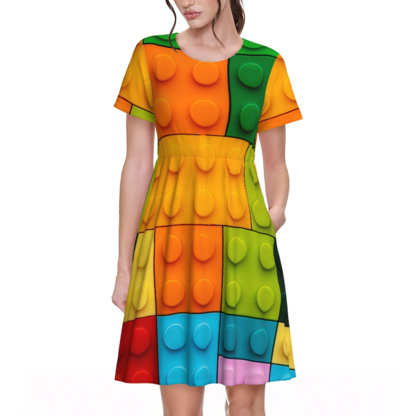 Daiia Colorful Building Blocks Print Women's Dresses 2025 Trendy Short ...