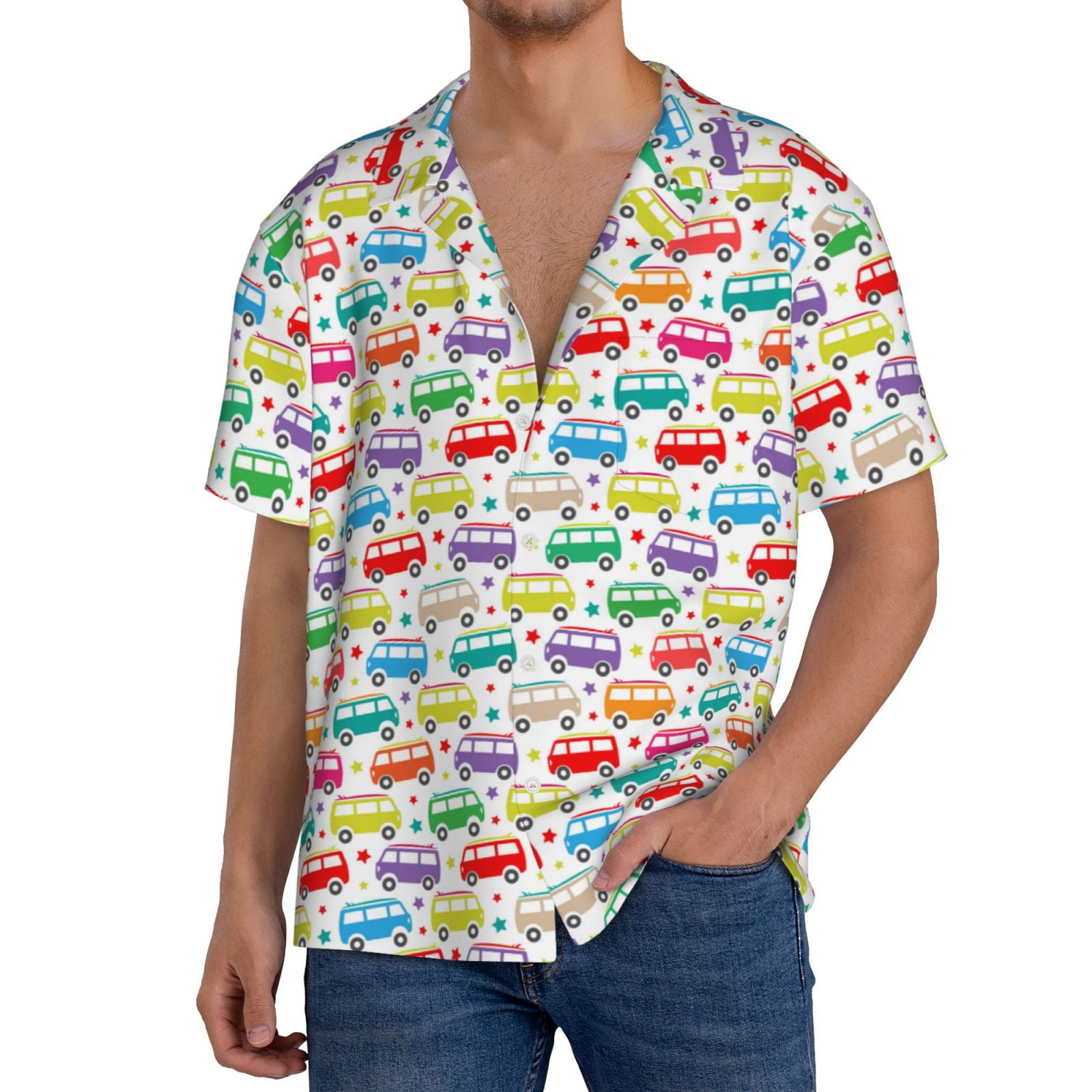 Daiia Colorful Bus Men's Linen Shirts Short Sleeve Casual Shirts Button ...