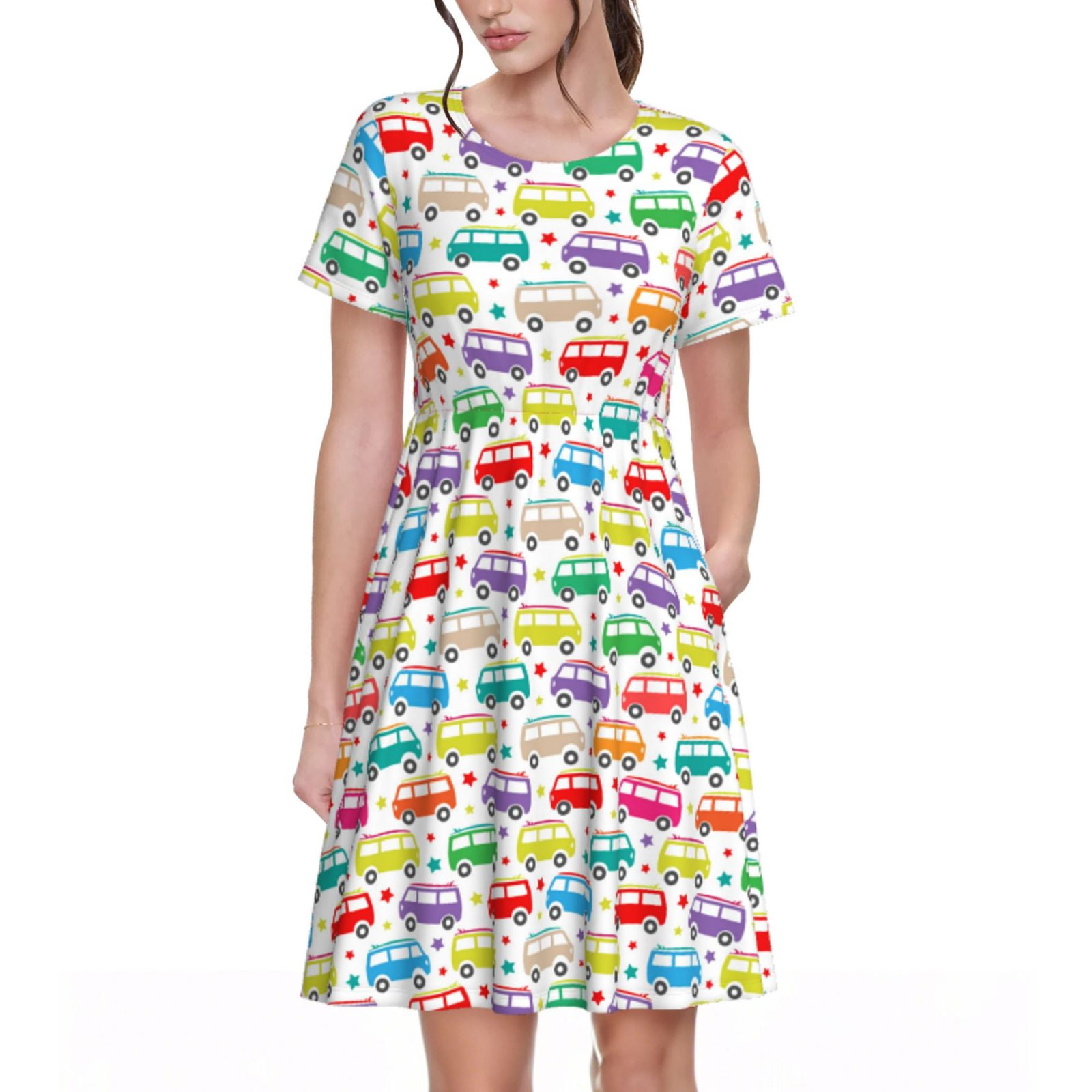 Daiia Colorful Bus Print Women's Dresses 2025 Trendy Short sleeve ...