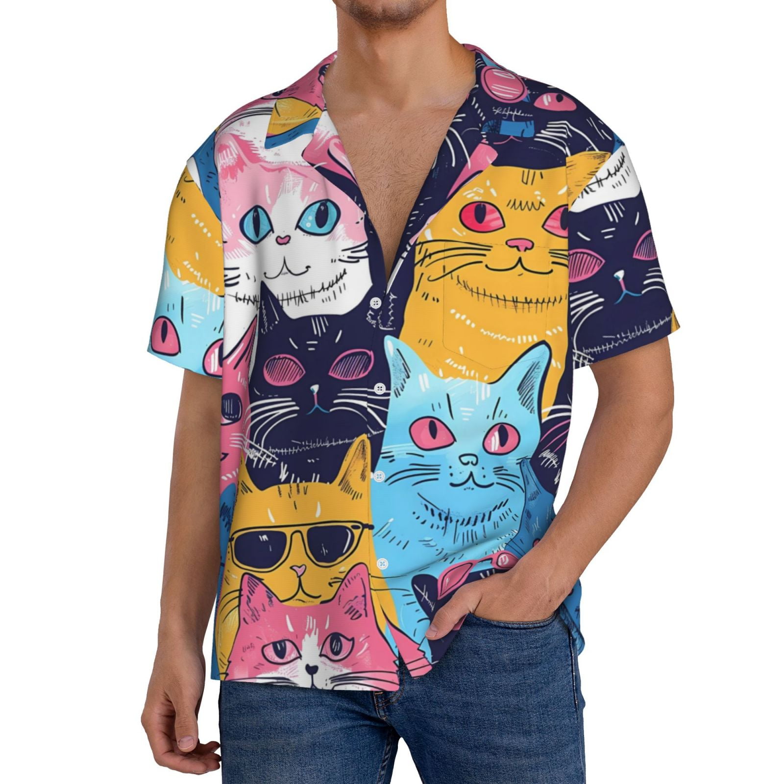 Daiia Colorful Cats Pattern Art Men's Linen Shirts Short Sleeve Casual ...