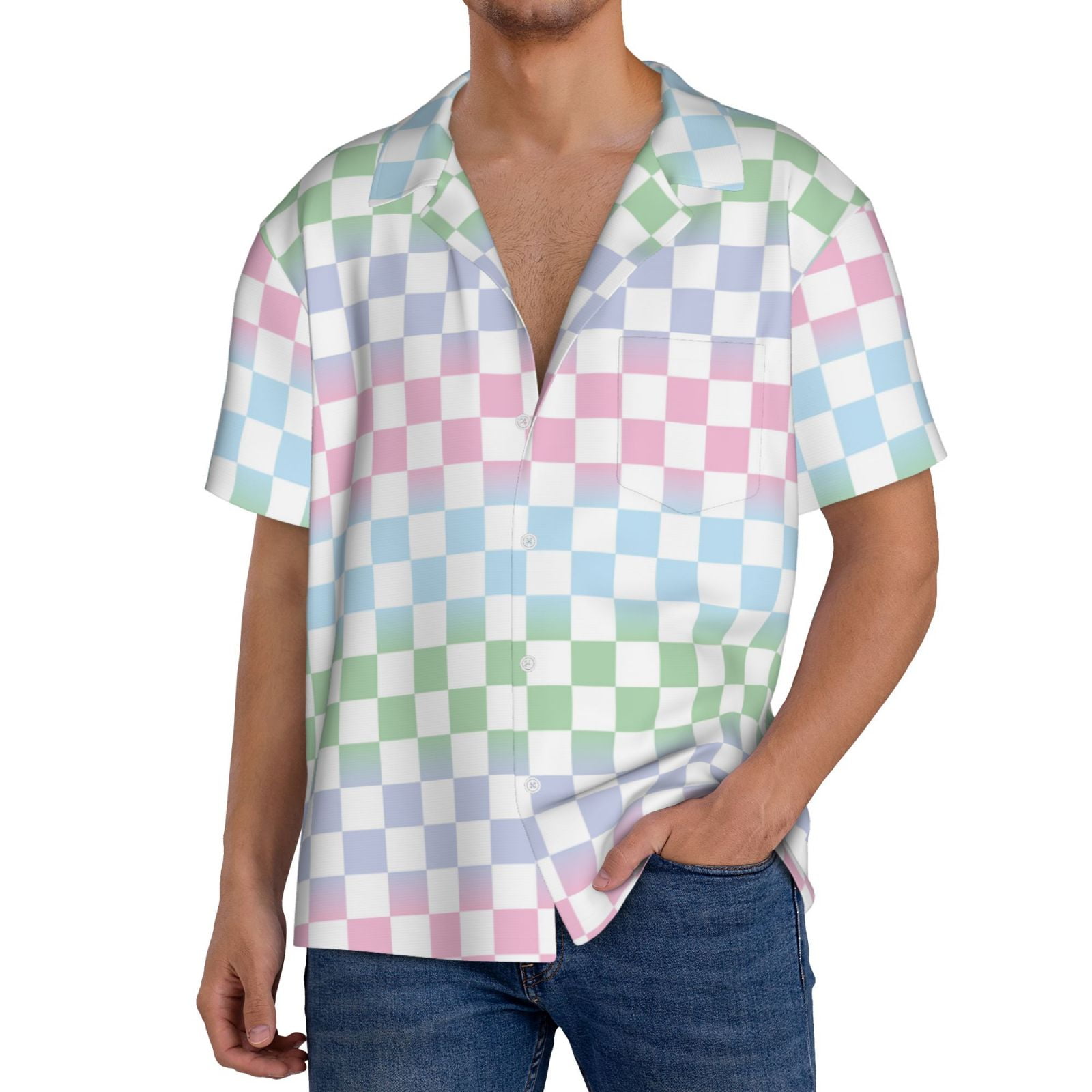 Daiia Colorful Checkerboard Men's Linen Shirts Short Sleeve Casual ...