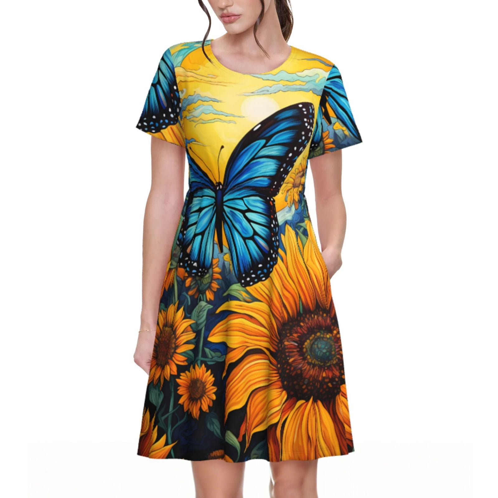 Daiia Colorful Cloud Butterfly Sunflower Print Women's Dresses 2025 ...