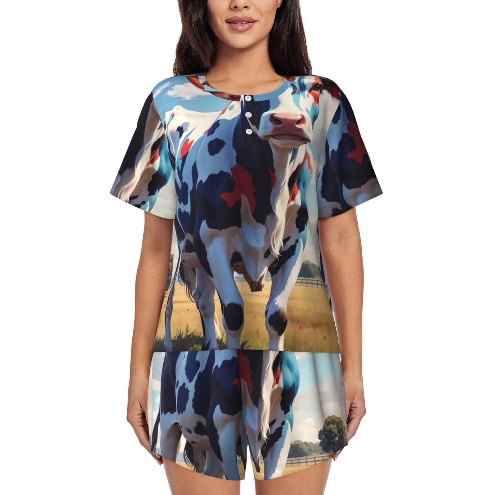 Daiia Colorful Cow Pasture Pattern Womens Pajama Sets Short Sleeve ...