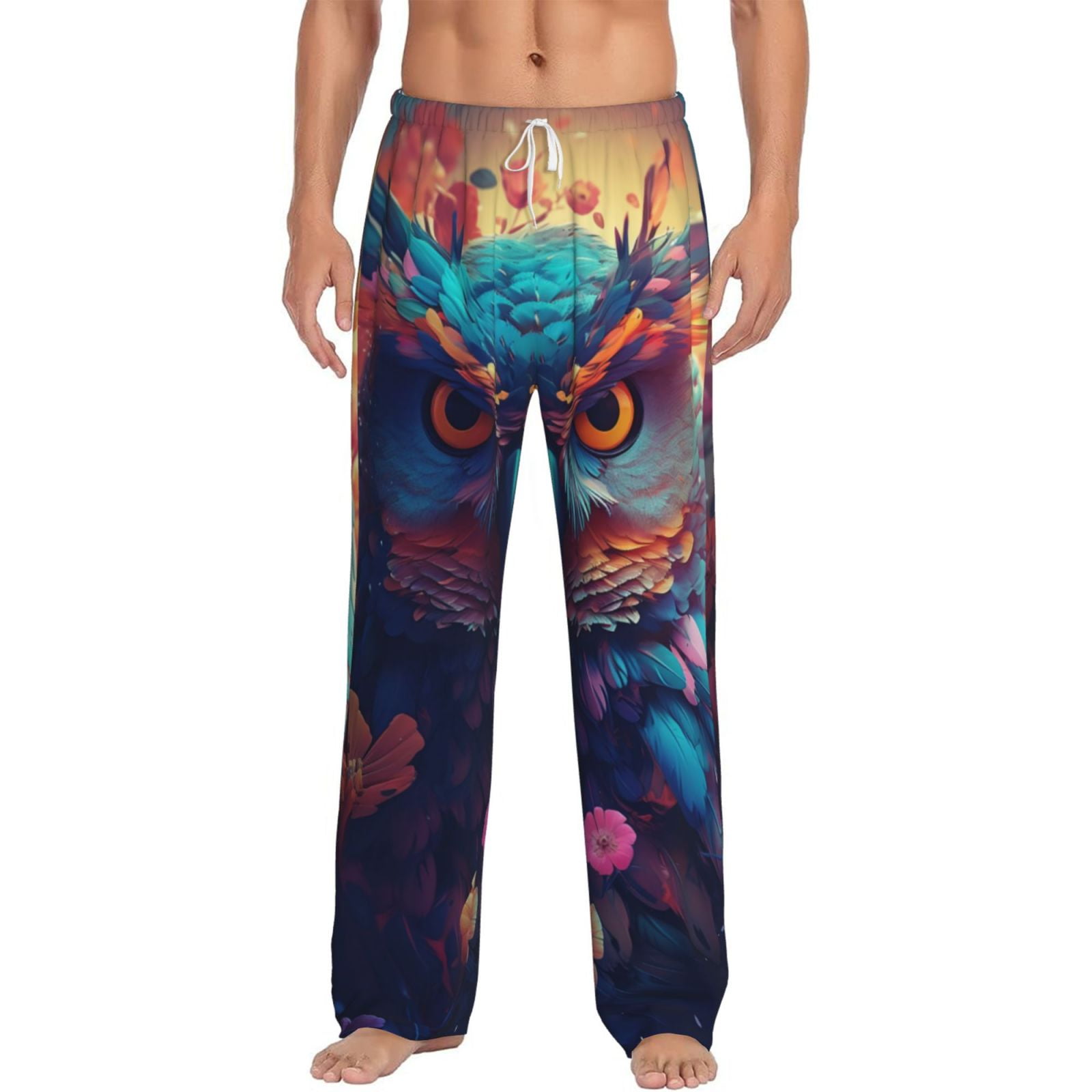 Daiia Colorful Feather Owl Men's Sleep Pant with Pockets and Drawstring ...