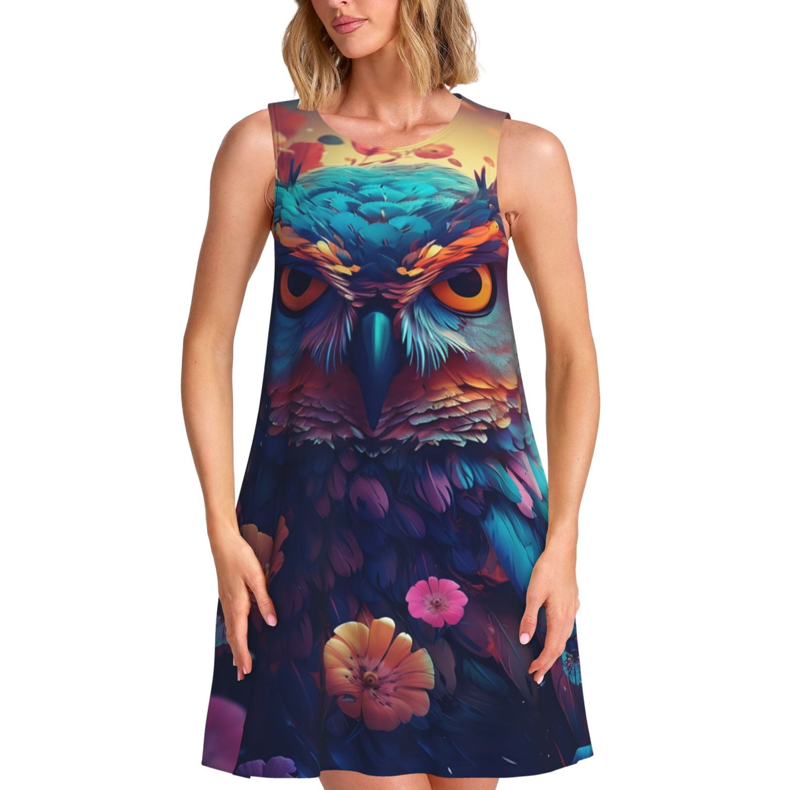 Daiia Colorful Feather Owl Print Women's Dresses 2025 Trendy Short ...