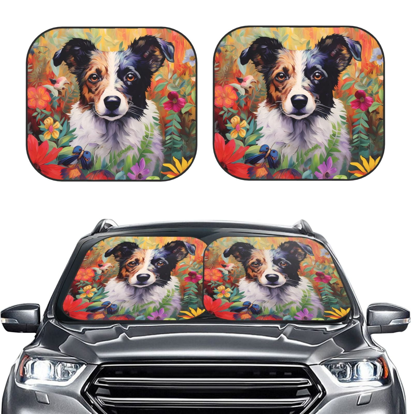 Daiia Colorful Flower Dog 2PCS Car Windshield Sun Shade, Foldable Sun ...