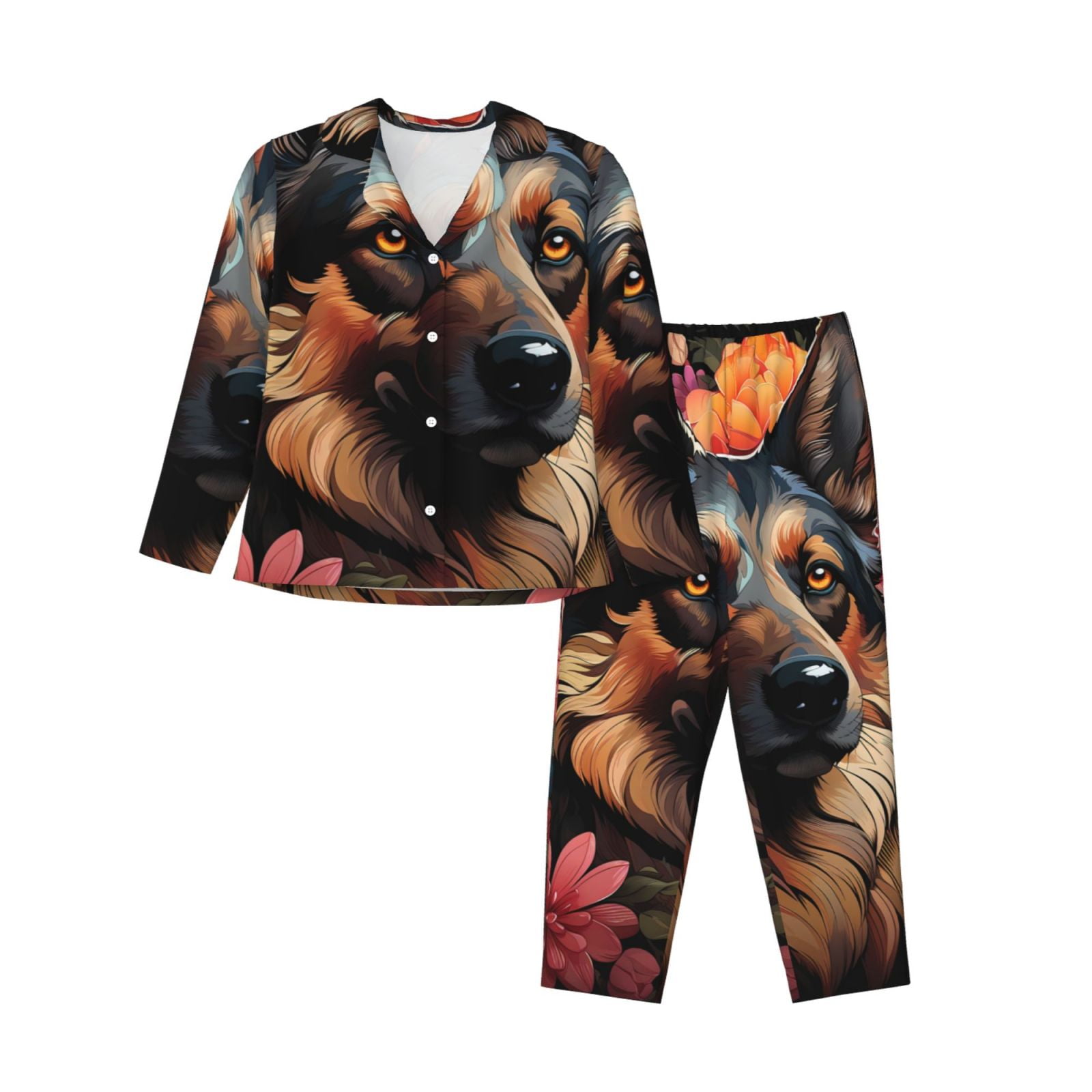 Daiia Colorful Flower German Shepherd for Women's Long-Sleeved Pajama ...