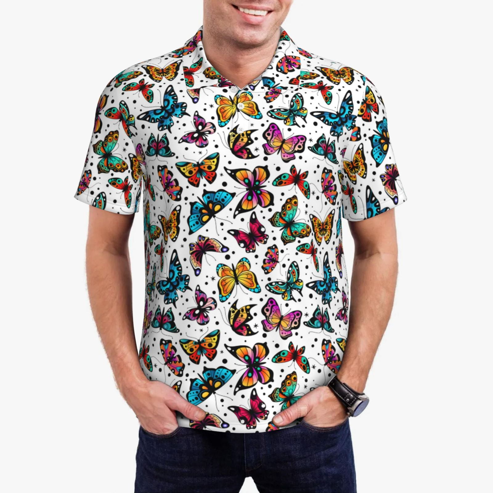 Daiia Colorful Flying Butterflies Pattern Men’s Polo Shirts,Solid Deck ...