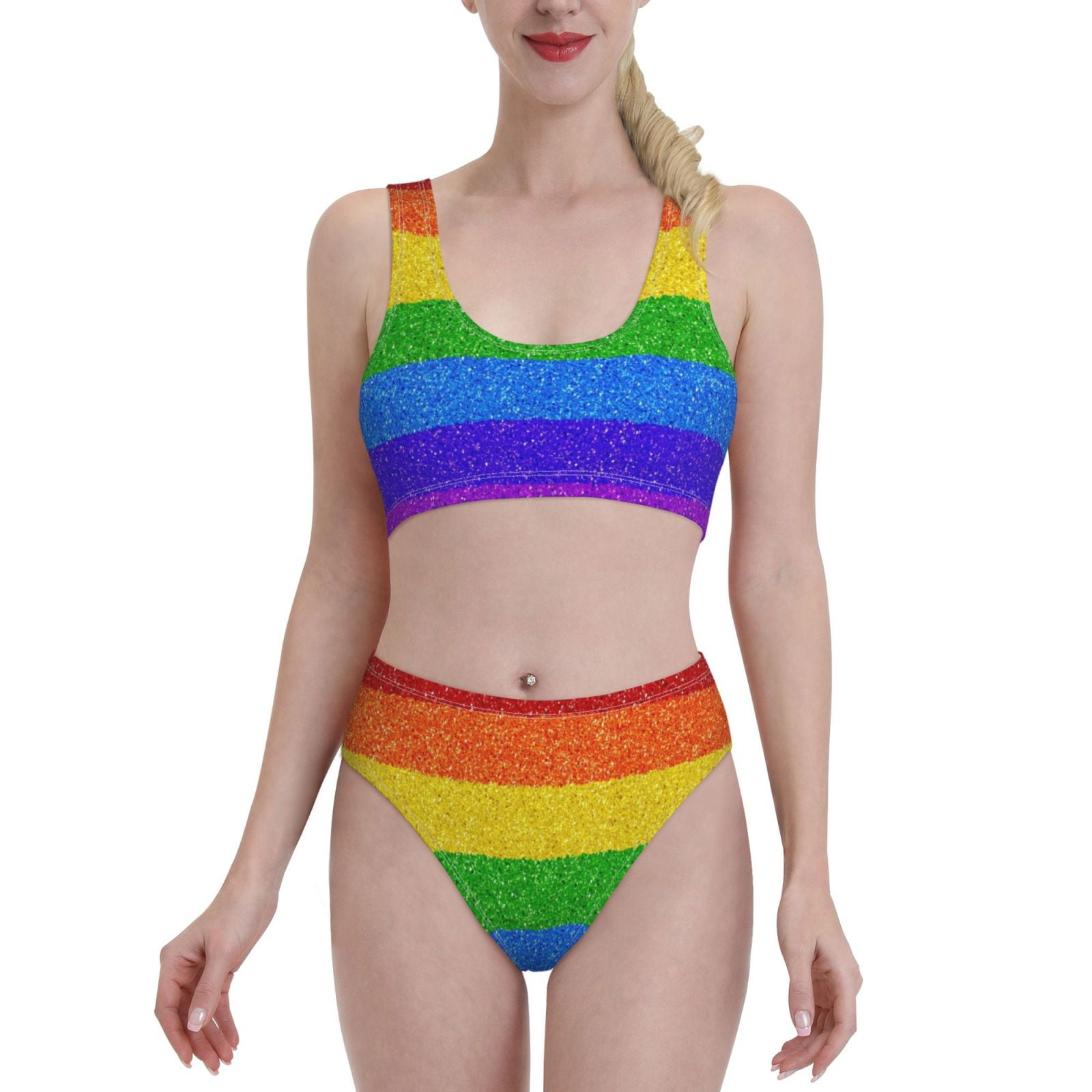 Daiia Colorful Glitter Rainbow printed 2 piece Swimsuit Bikinis for Women High Waisted Racerback ...