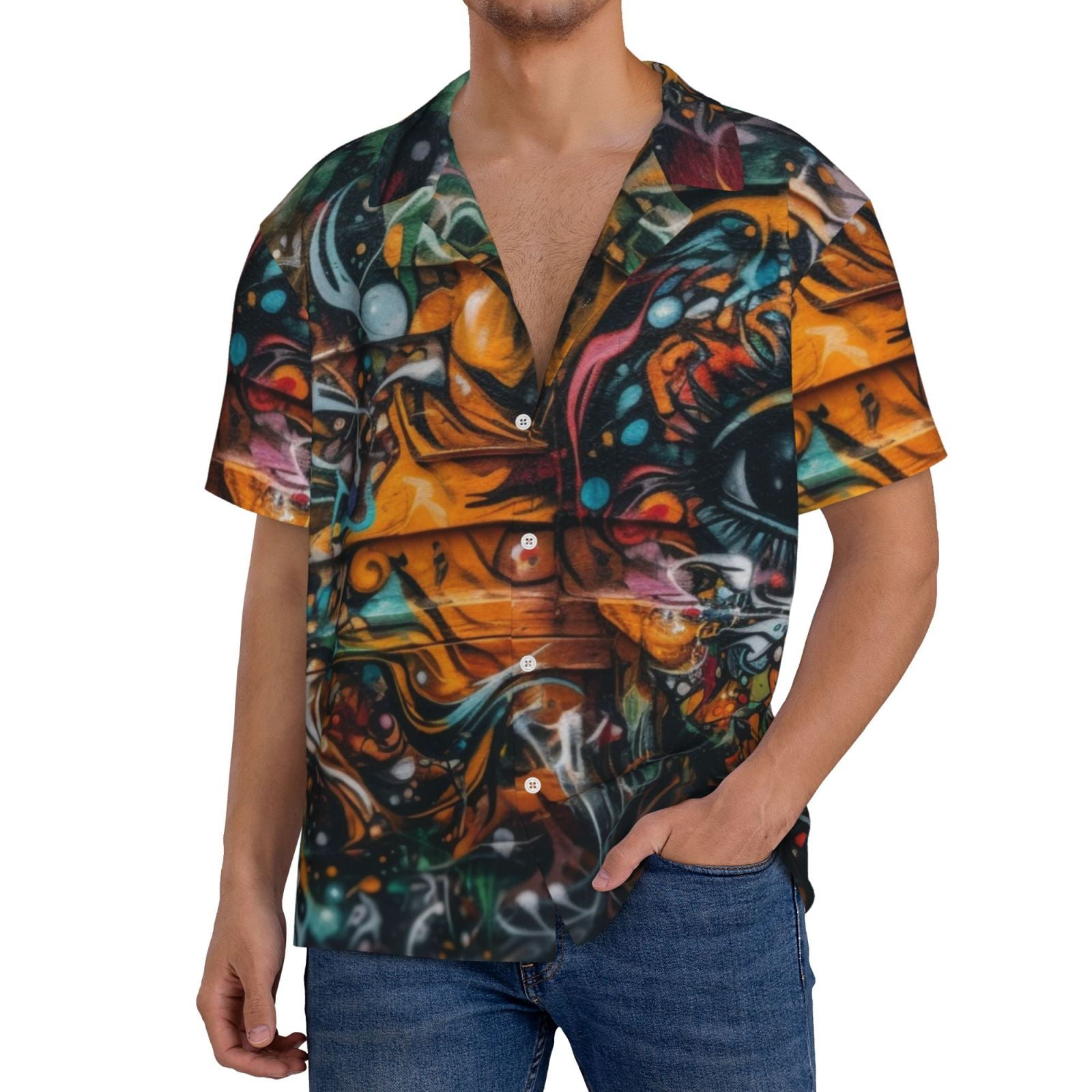 Daiia Colorful Graffiti Abstract Eye Men's Linen Shirts Short Sleeve ...