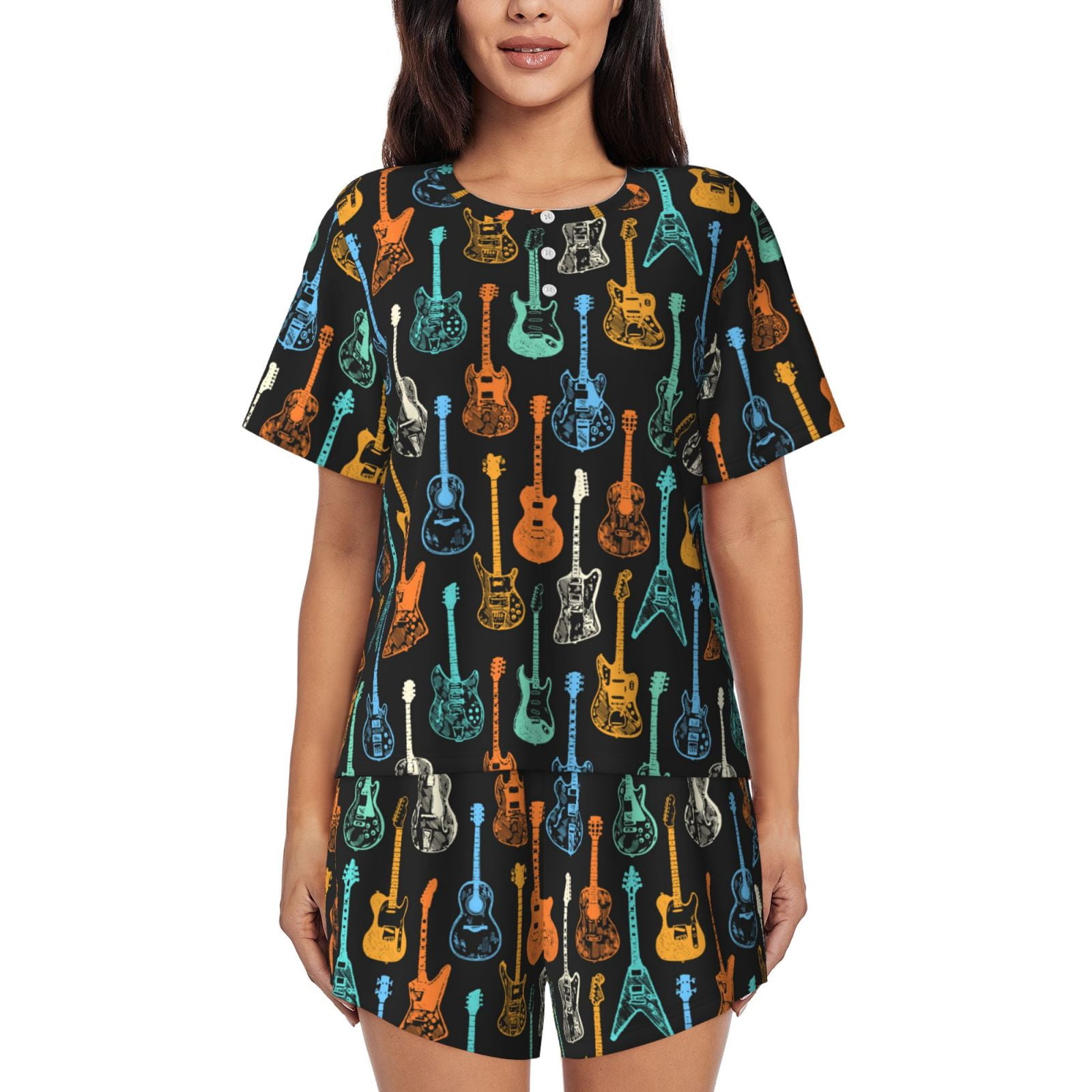 Daiia Colorful Guitar Pattern Womens Pajama Sets Short Sleeve Pajamas ...