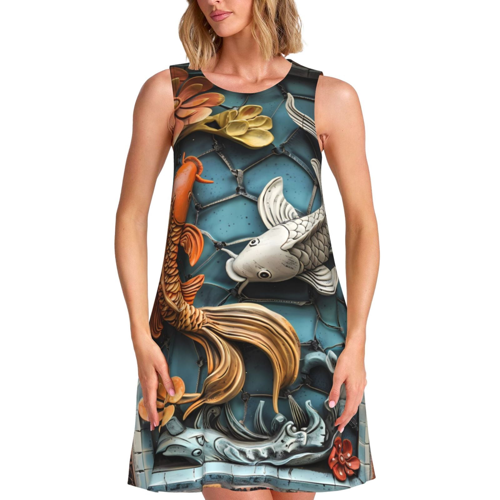 Daiia Colorful Koi Fish Art Print Women's Dresses 2025 Trendy Short ...