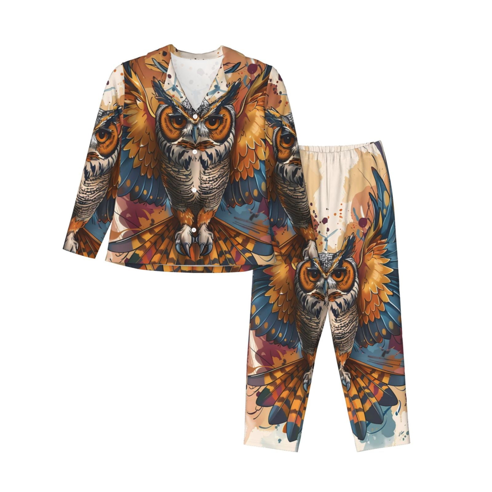 Daiia Colorful Owl Tattoo Art for Women's Long-Sleeved Pajama Set ...