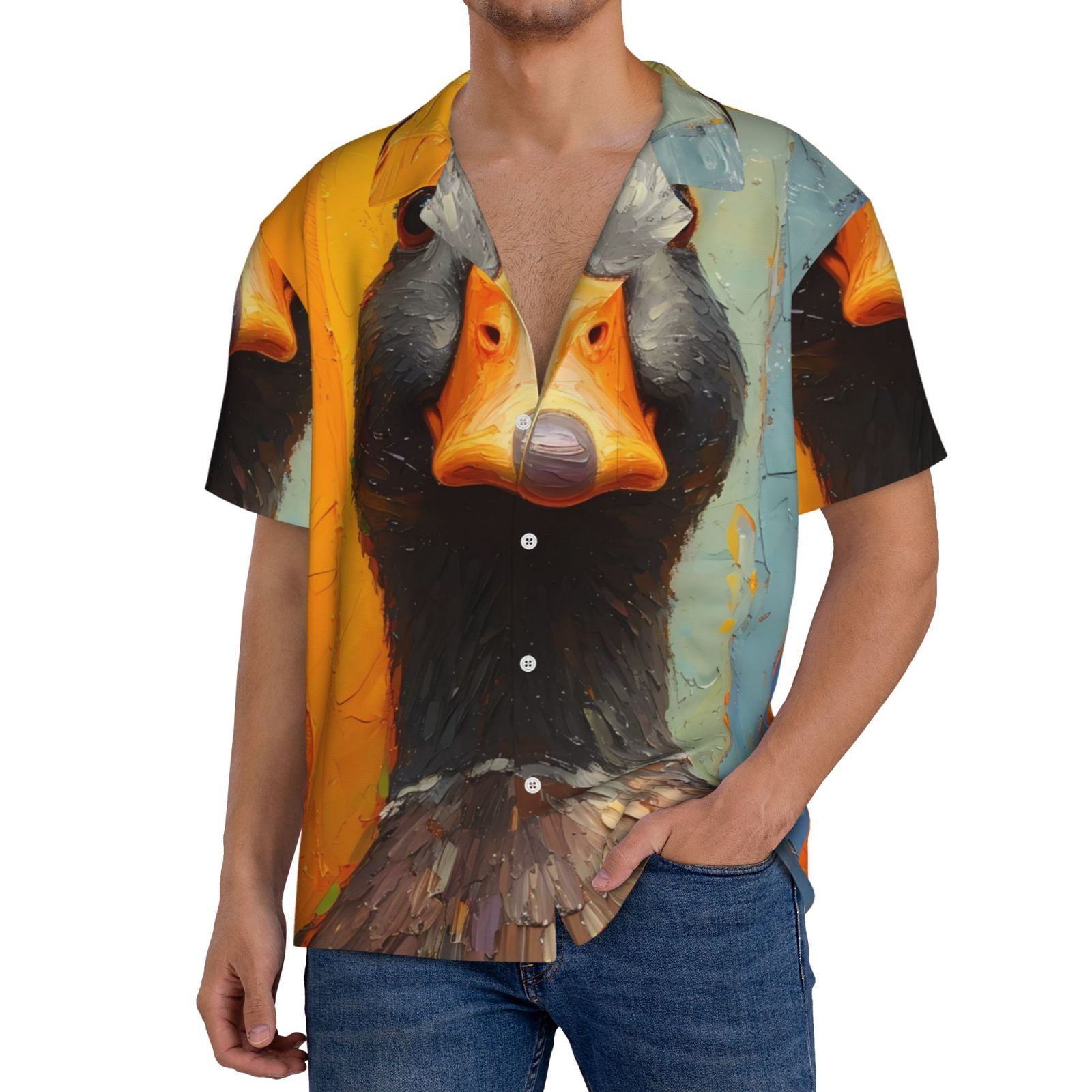 Daiia Colorful Painted Duck Men's Linen Shirts Short Sleeve Casual ...