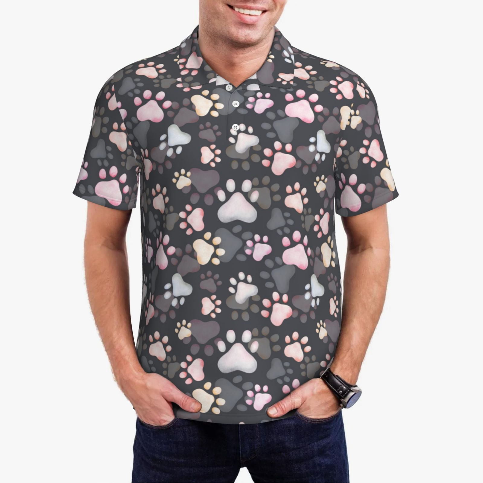 Daiia Colorful Paws Of Dog Pattern Men’s Polo Shirts,Solid Deck Shirt ...