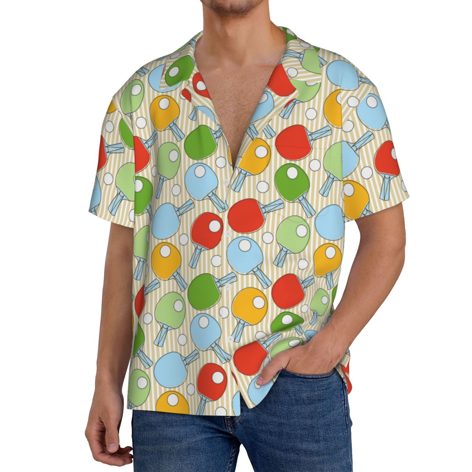 Daiia Colorful Ping Pong Rackets1 Men's Linen Shirts Short Sleeve ...