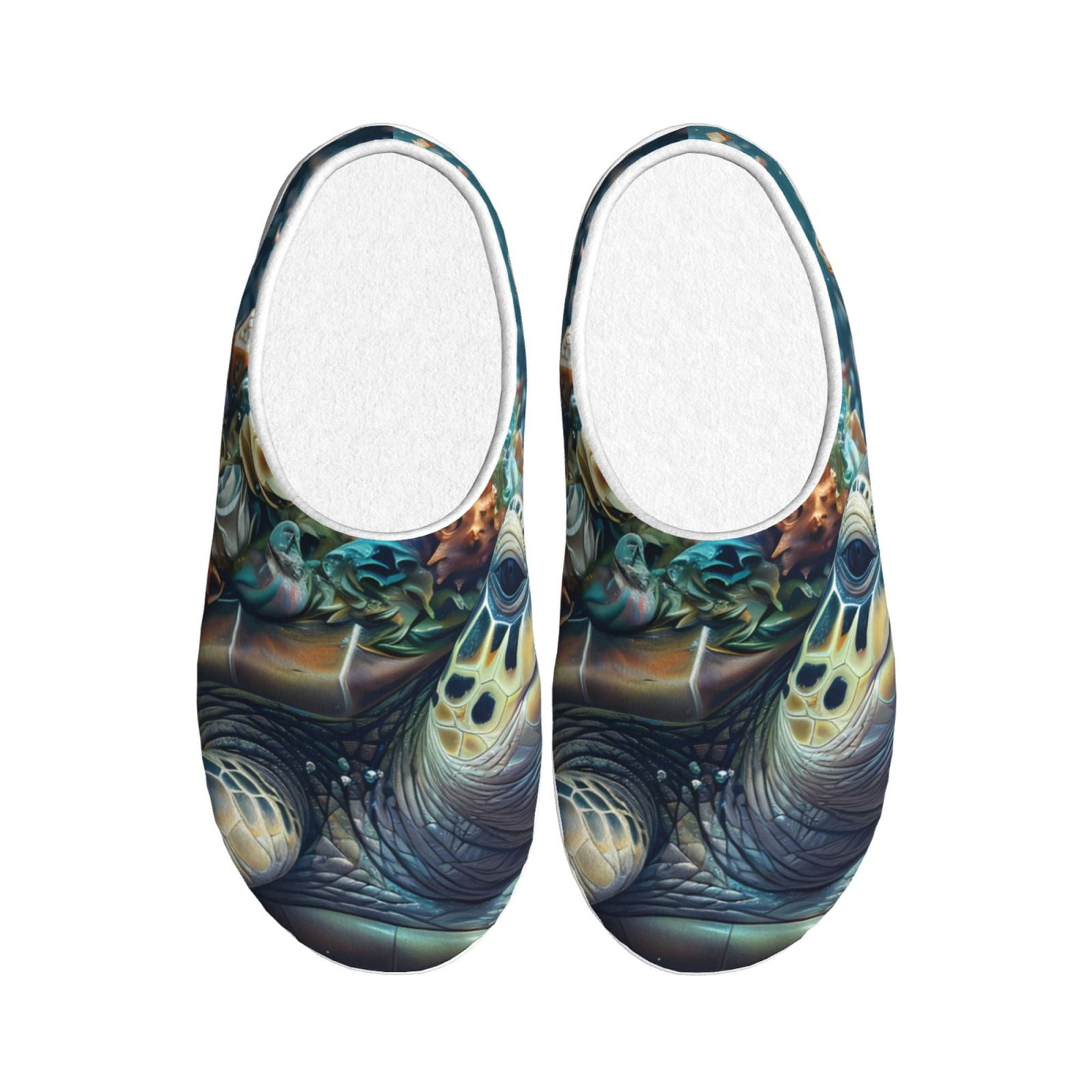 Daiia Colorful Plant Turtle Print Women’s Fuzzy Slippers Memory Foam ...