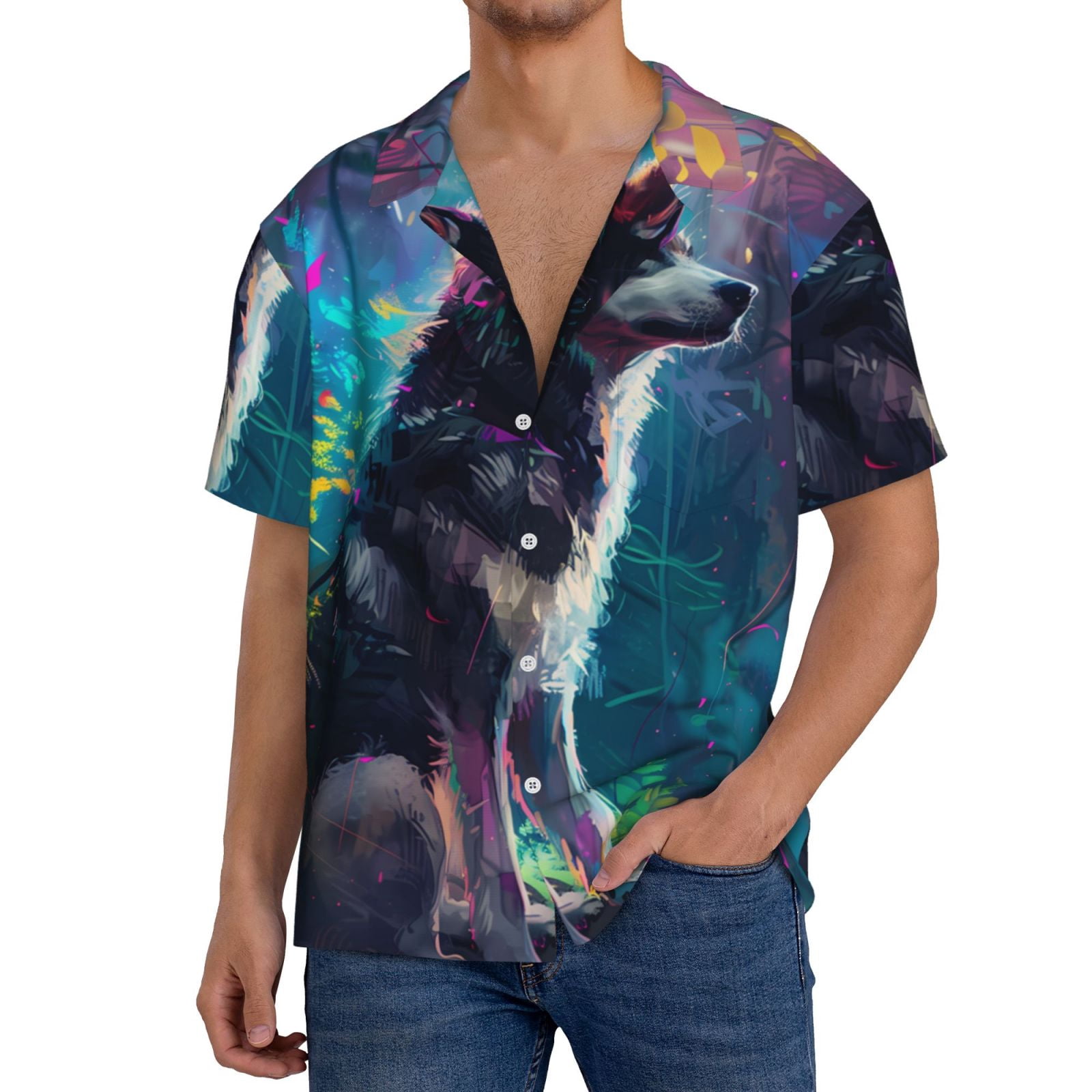 Daiia Colorful Plant Wolf Men's Linen Shirts Short Sleeve Casual Shirts ...