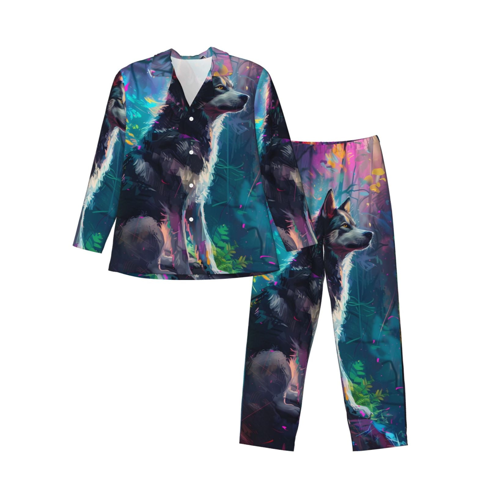 Daiia Colorful Plant Wolf for Men's Long-Sleeved Pajama Set – Soft ...
