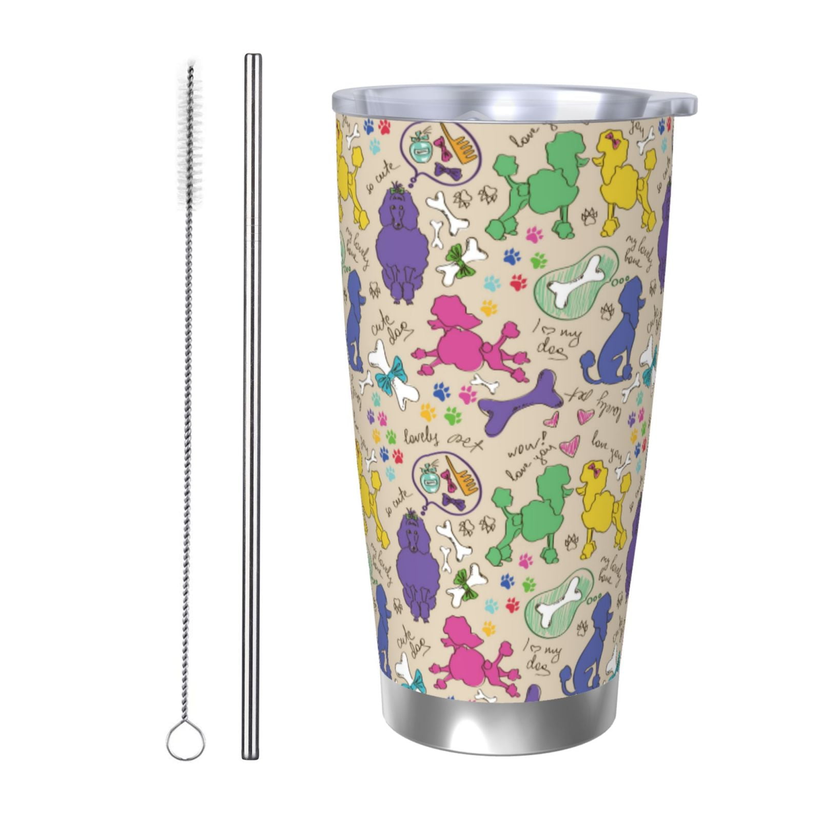 Daiia Colorful Poodle Dog Printed 20oz Insulated Coffee Cup with Straw ...