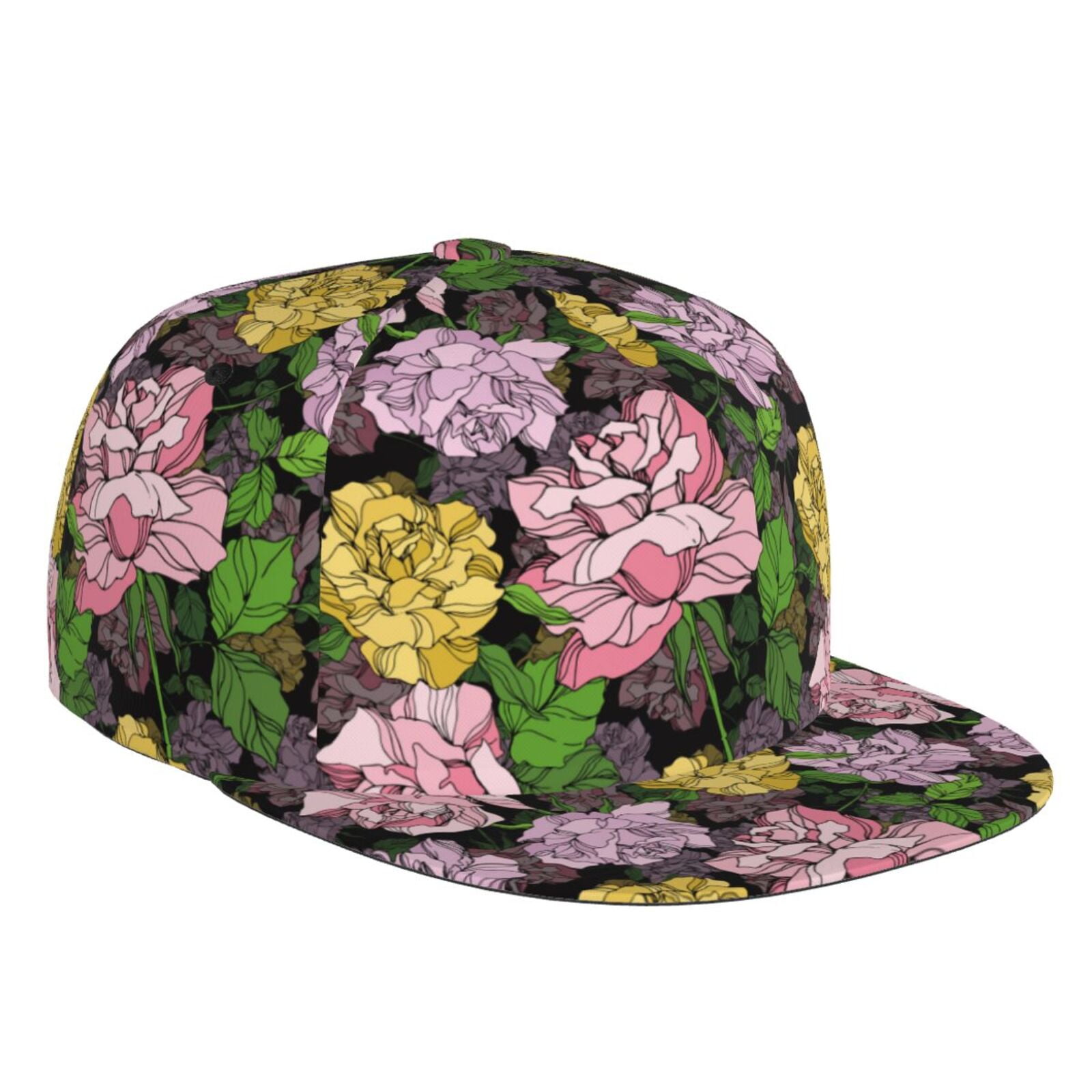 Daiia Colorful Roses print Flat Bill Hats Flat Brim Trucker Cap ...