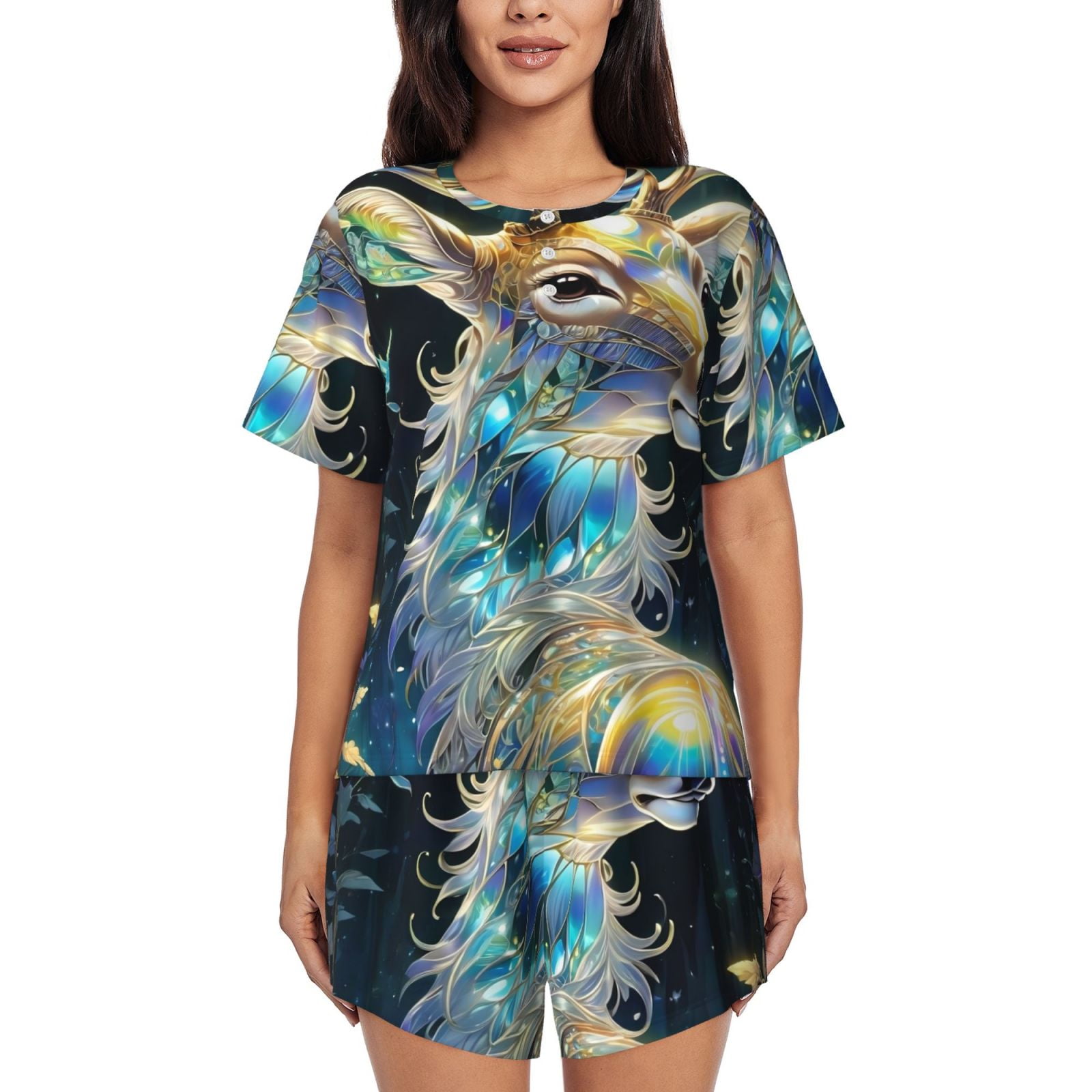 Daiia Colorful Stained Glass Deer Pattern Womens Pajama Sets Short ...