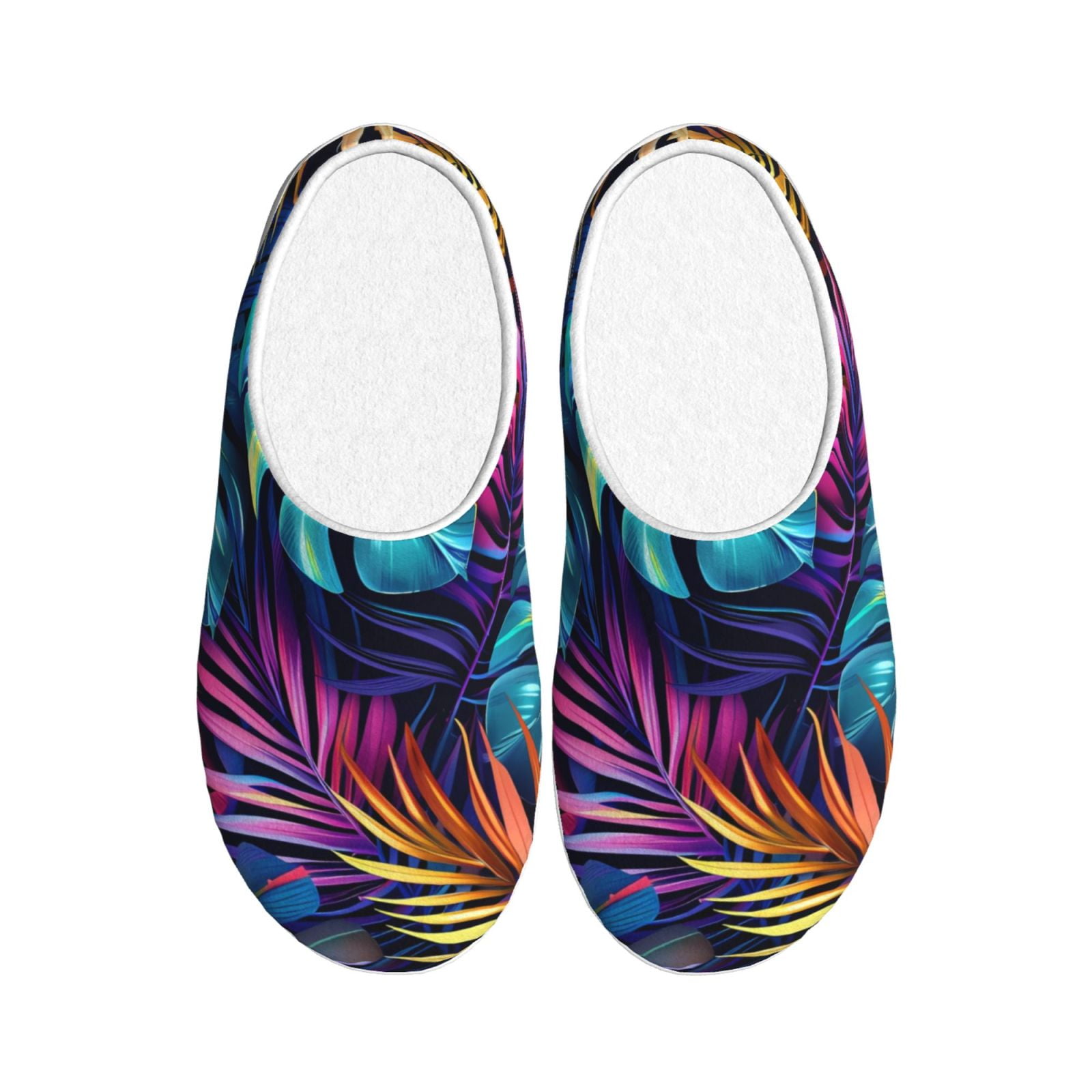 Daiia Colorful Tropical Leaves Print Women’s Fuzzy Slippers Memory Foam ...
