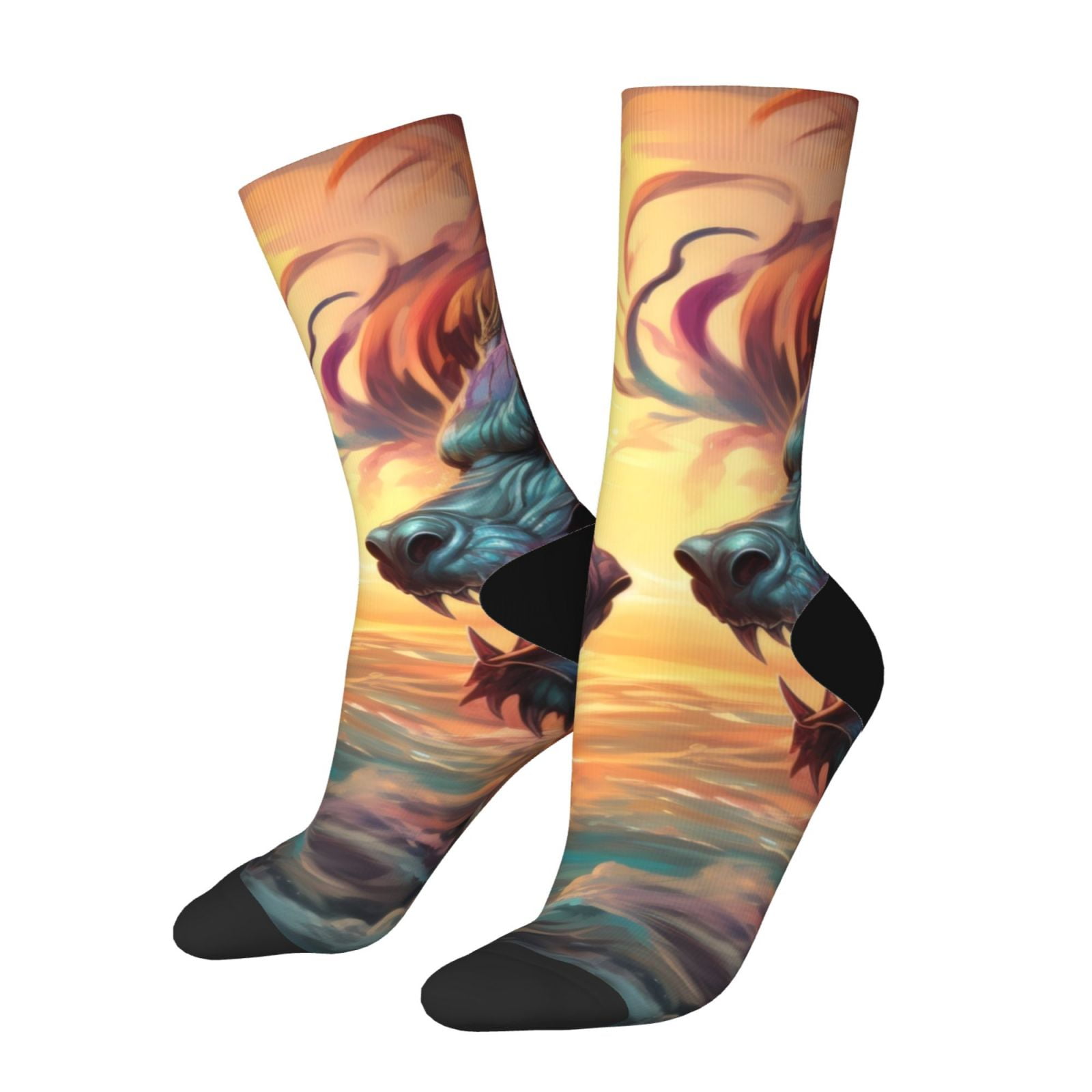 Daiia Colorful Wave Dragon Head Print Crew Socks – Soft Breathable Long ...