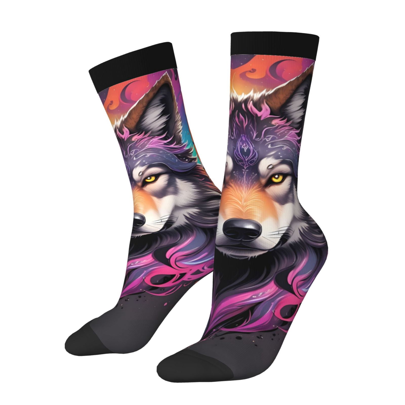 Daiia Colorful Wolf Head A Print Crew Socks – Soft Breathable Long ...