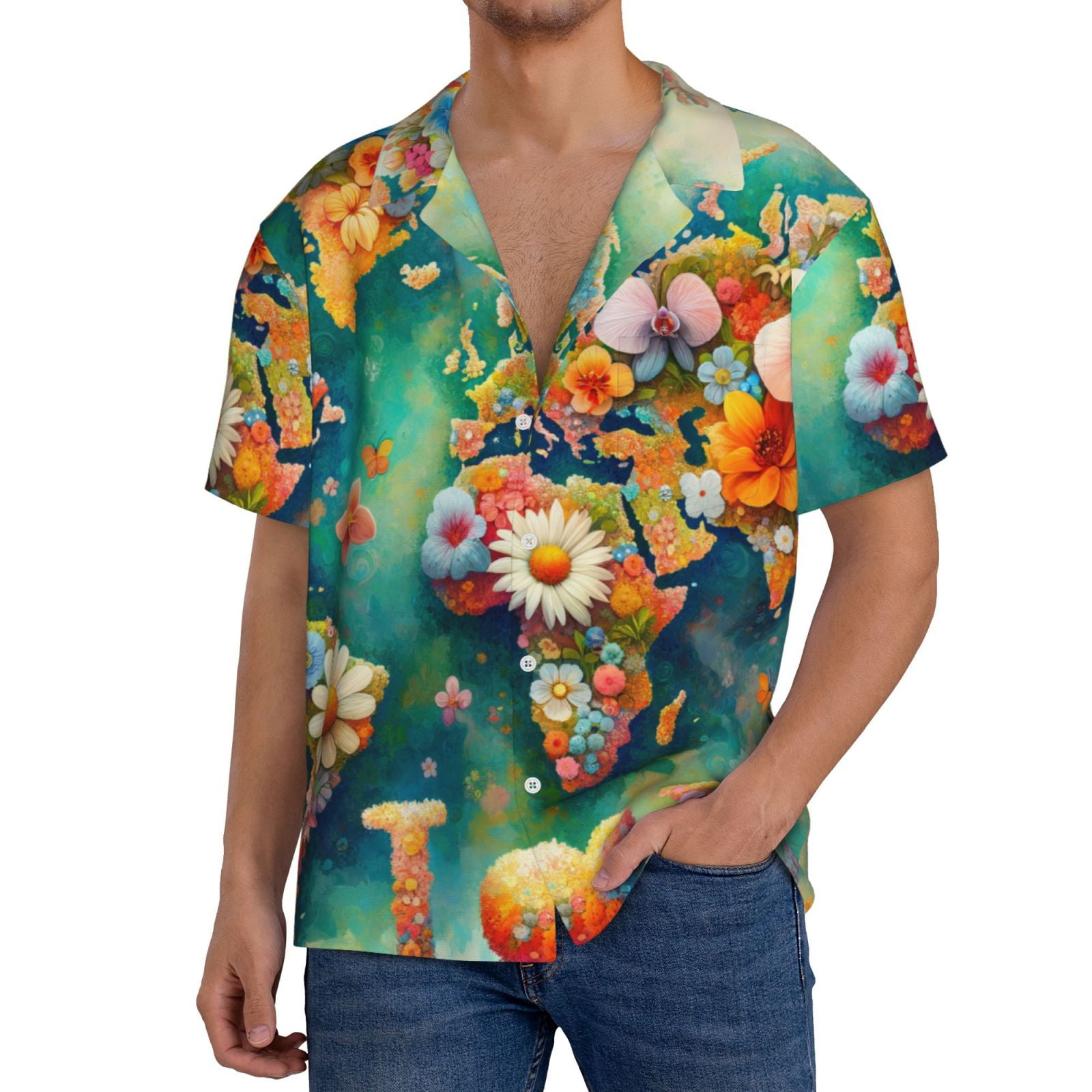 Daiia Colorful World Map Men's Linen Shirts Short Sleeve Casual Shirts ...