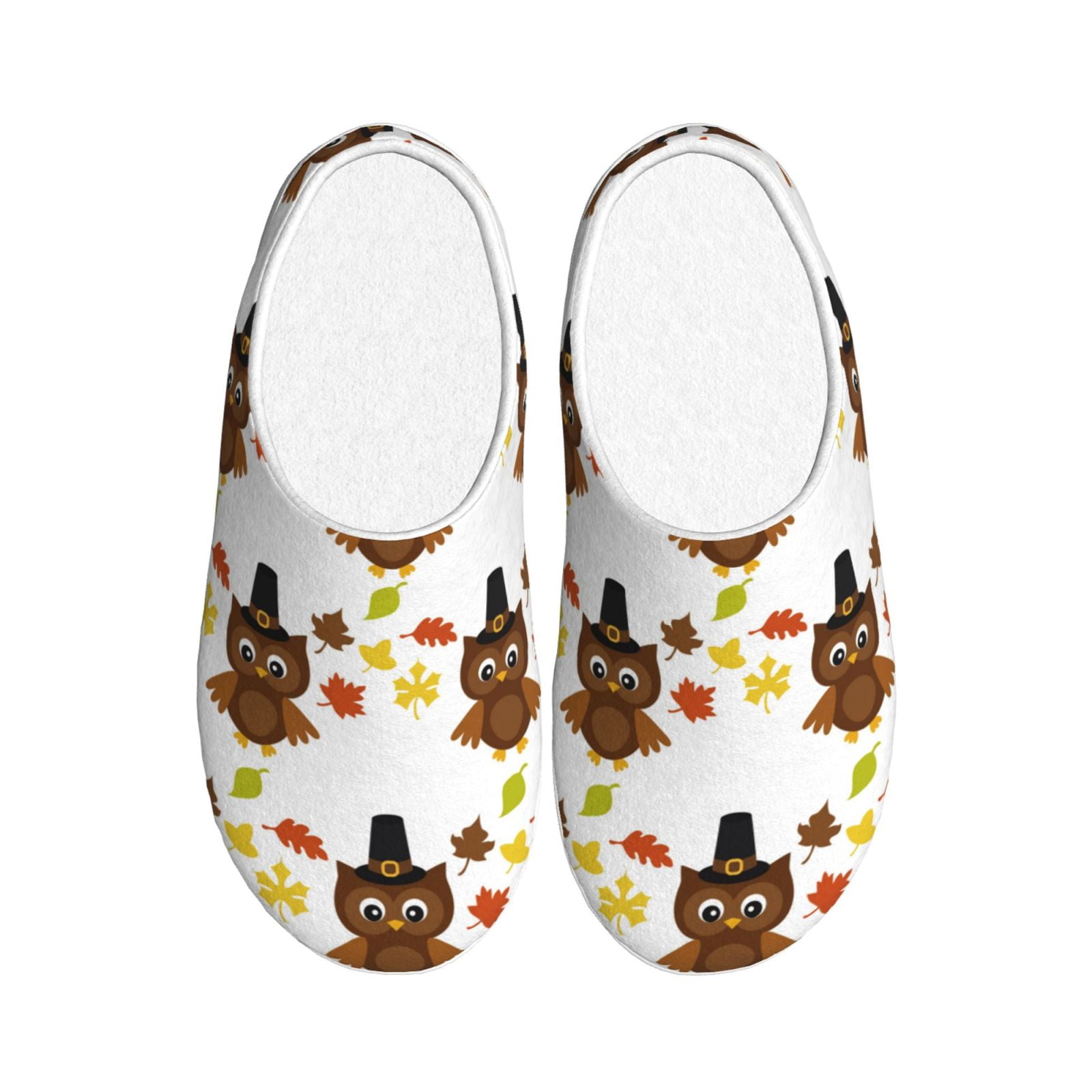 Daiia Colorful maple leaf owl Print Women’s Fuzzy Slippers Memory Foam ...