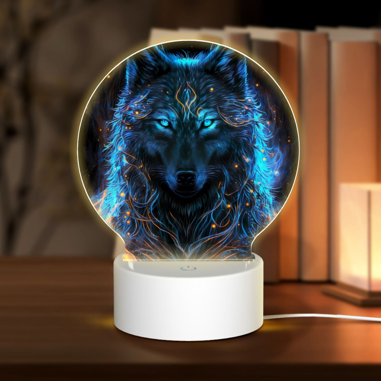 Daiia Cool Blue Light Wolf Pattern Acrylic Night Light, LED Touch Light, Bedroom Night Light ...