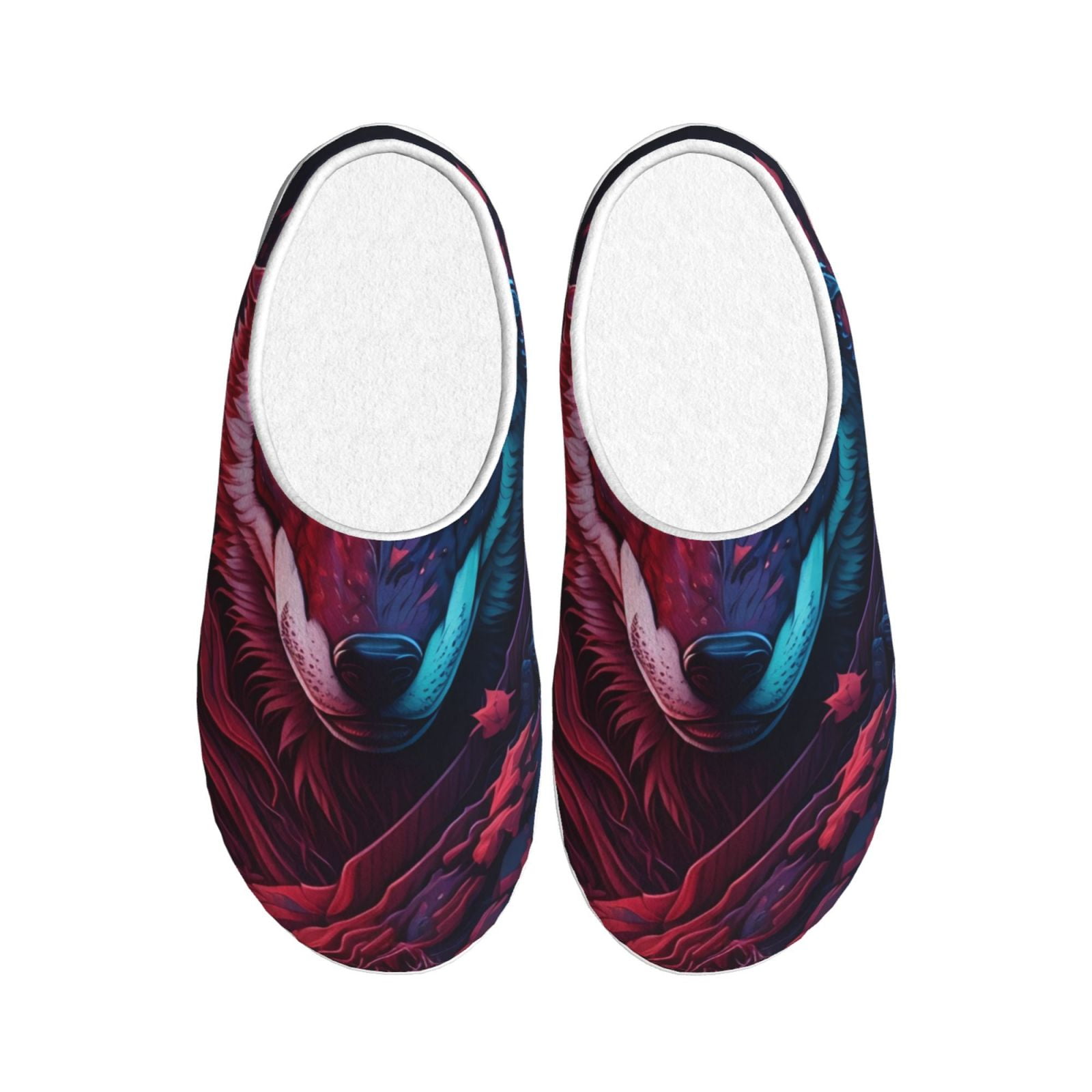 Daiia Cool Wolf Head Print Women’s Fuzzy Slippers Memory Foam ...