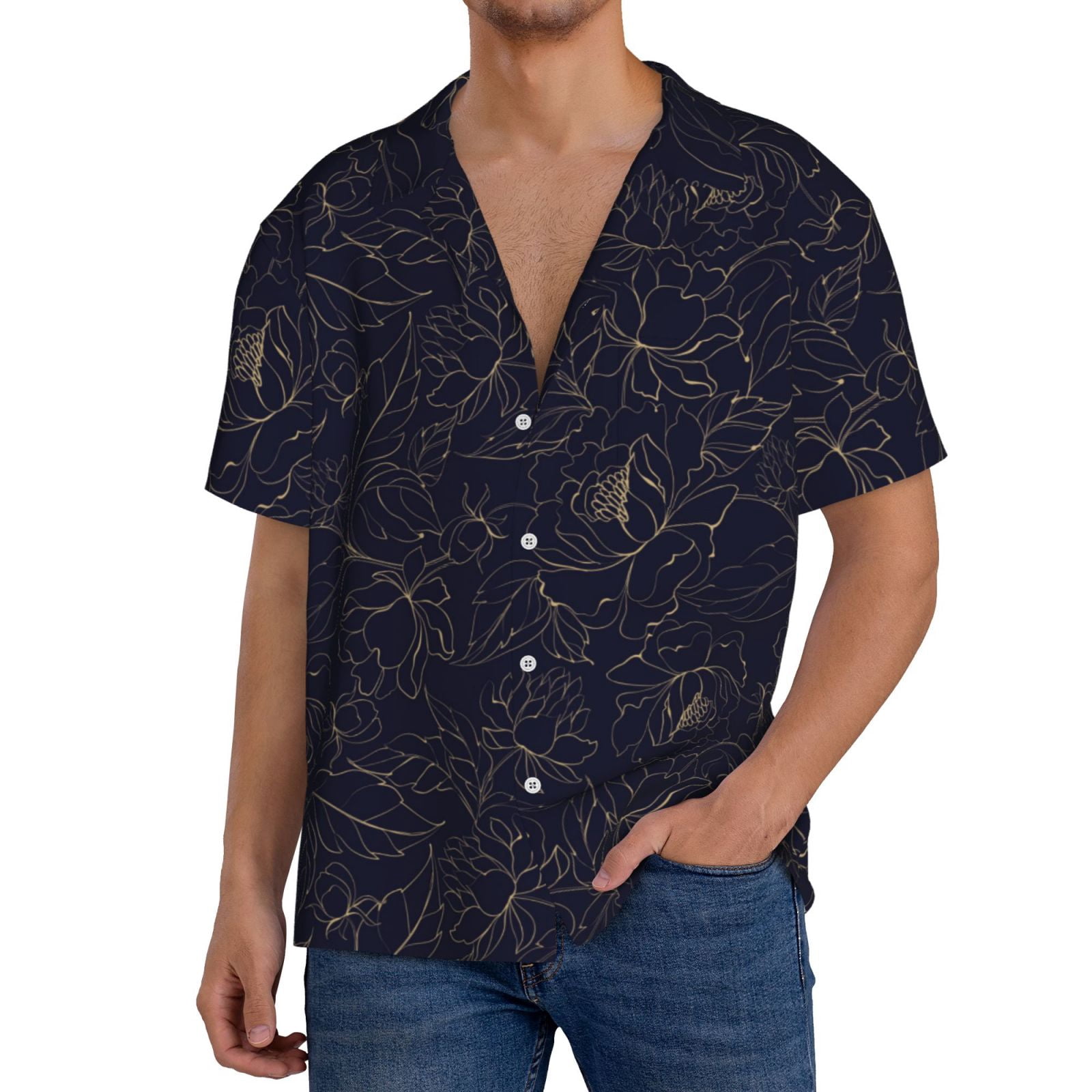 Daiia Copper-Gold Gloss Outline Peony Men's Linen Shirts Short Sleeve ...