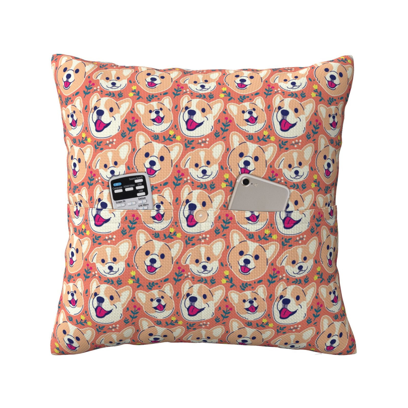 Daiia Corgi Head with Floal Pattern Linen Decorative Throw Pillow Cover ...