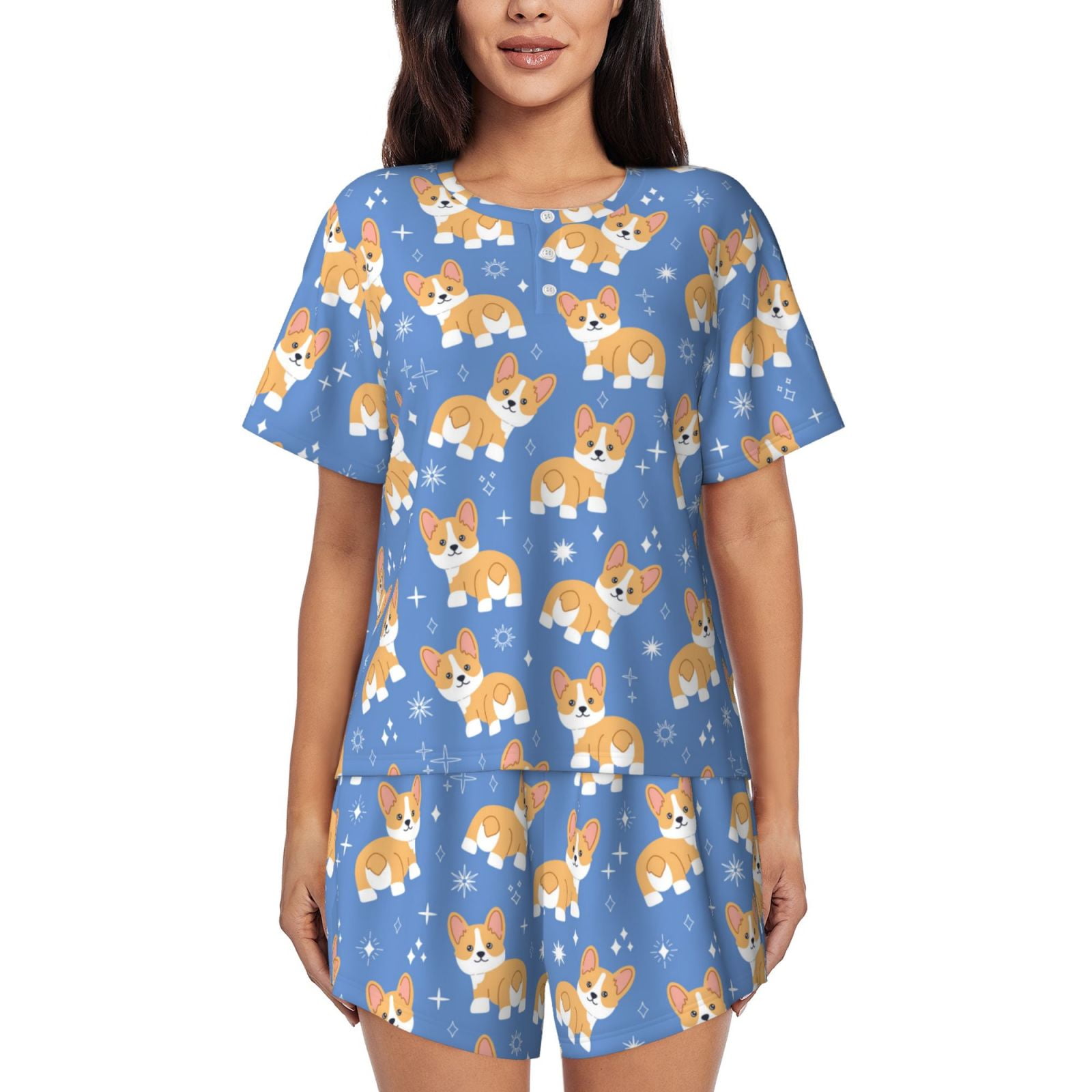 Daiia Corgi Pattern Womens Pajama Sets Short Sleeve Pajamas for Women ...