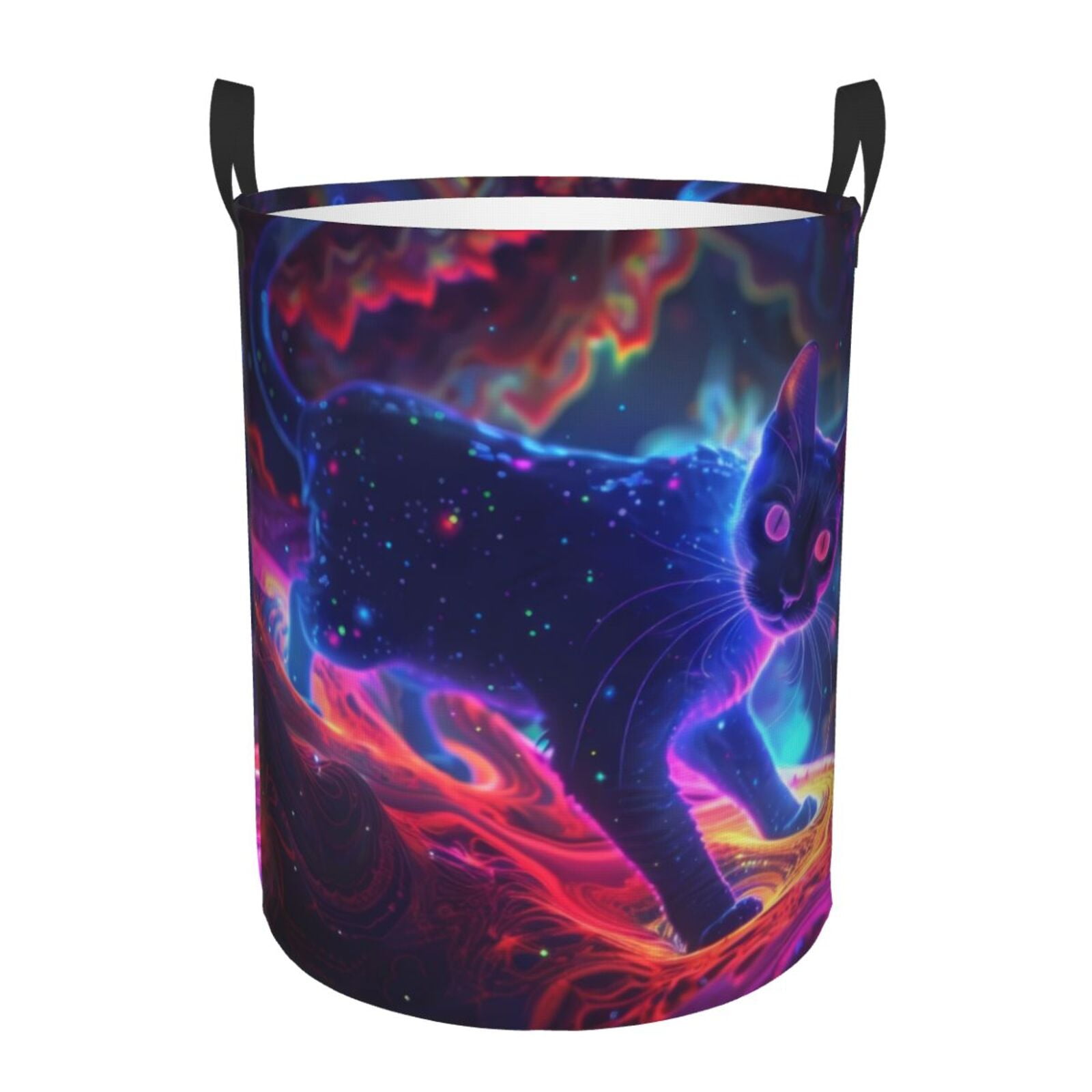 Daiia Cosmic Cat Psychedelic Journey Round Laundry Basket with Handles ...