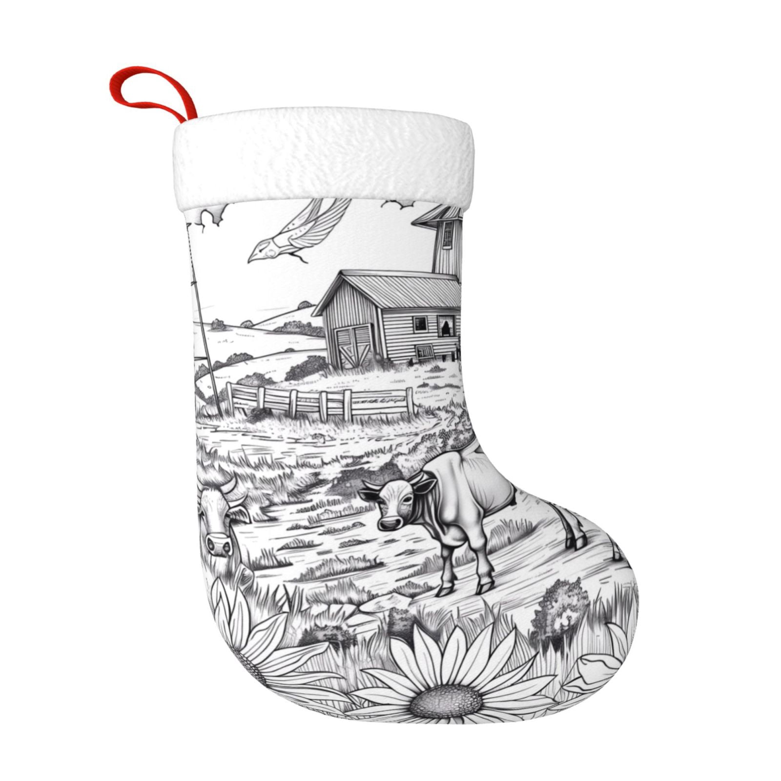 Daiia Country Farm Scene Print Christmas Stocking，18"Large Knitted Xmas ...