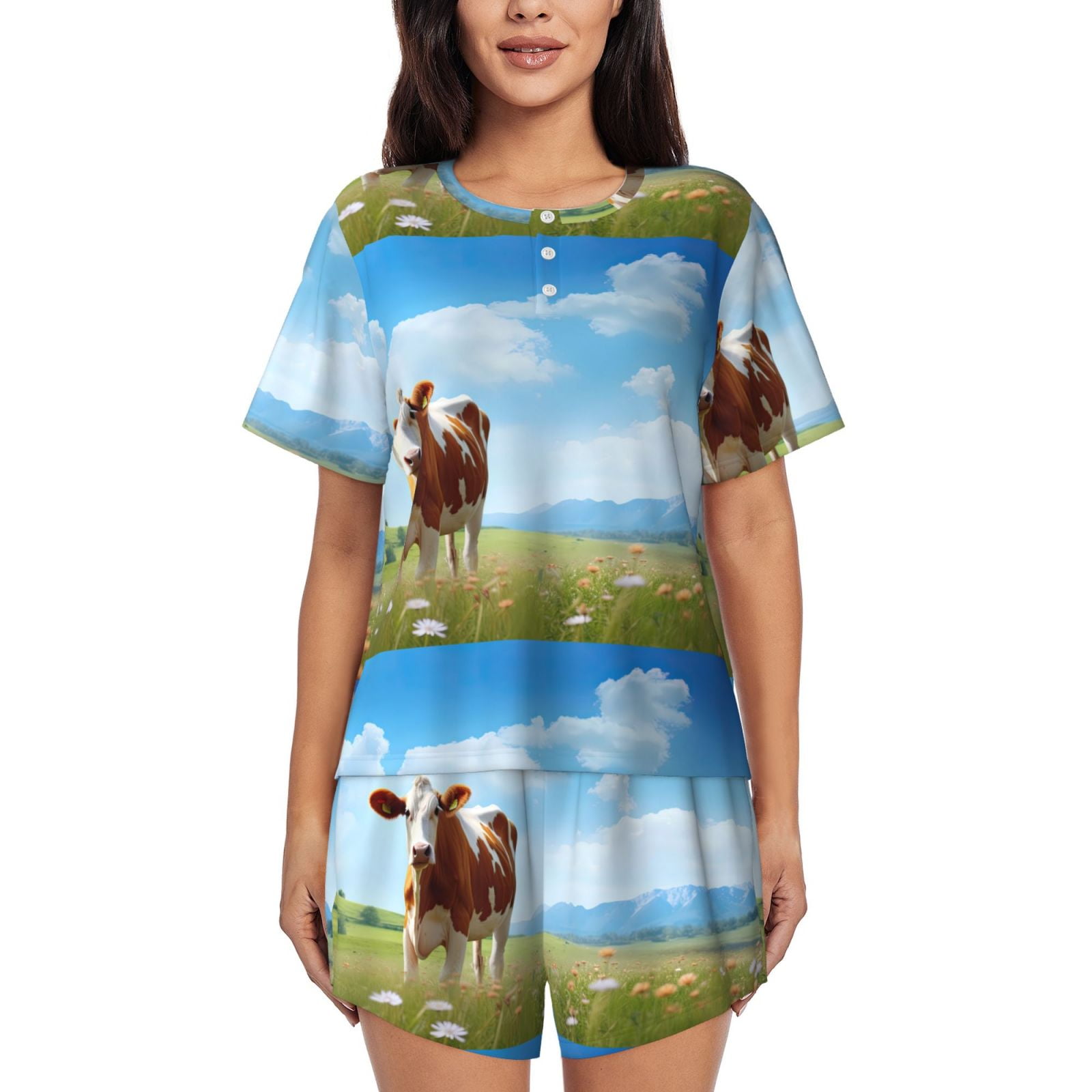 Daiia Cow Grazing Nature Pattern Womens Pajama Sets Short Sleeve ...