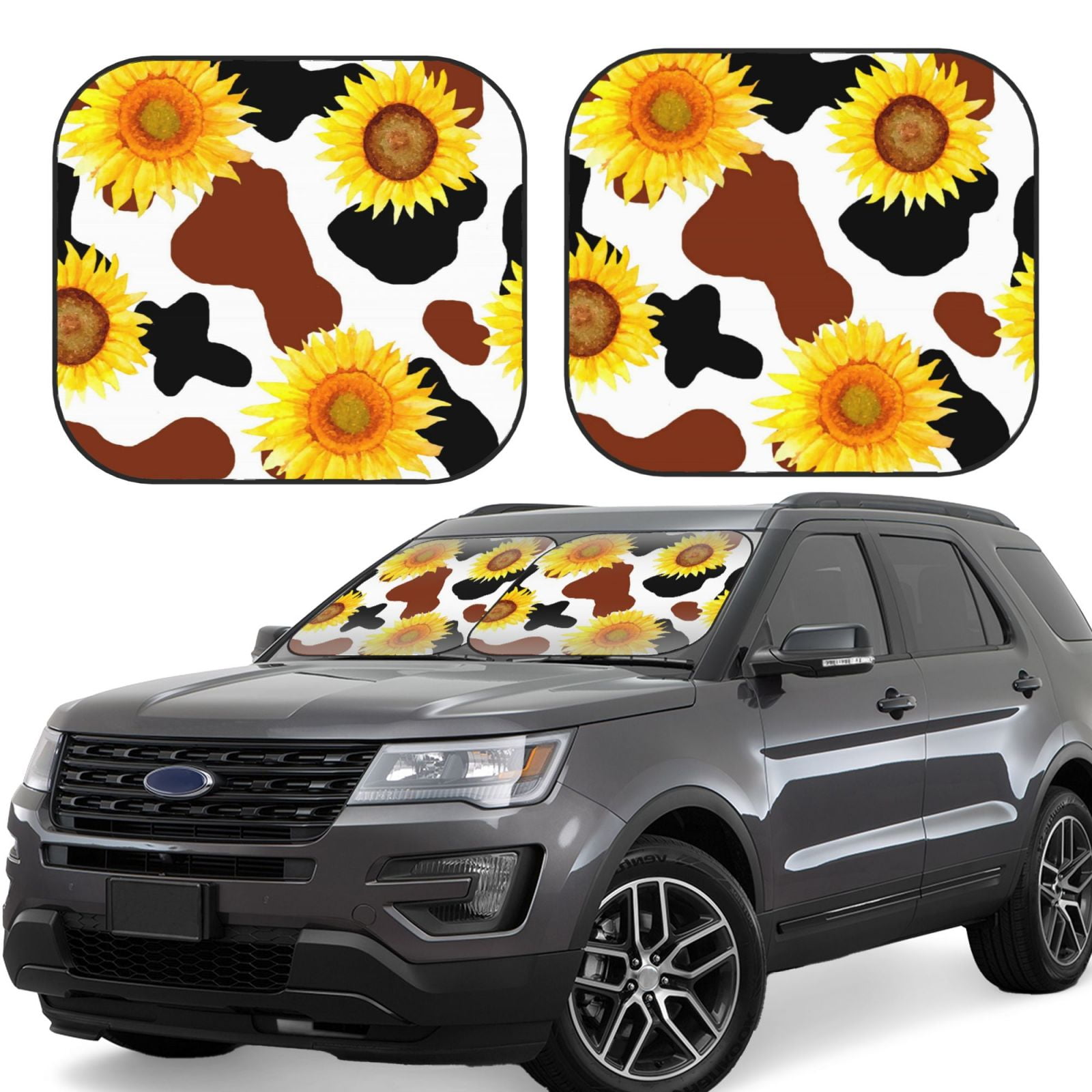 Daiia Cow Print Sunflower Windshield Sun Shade 2 Pack Foldable Car ...