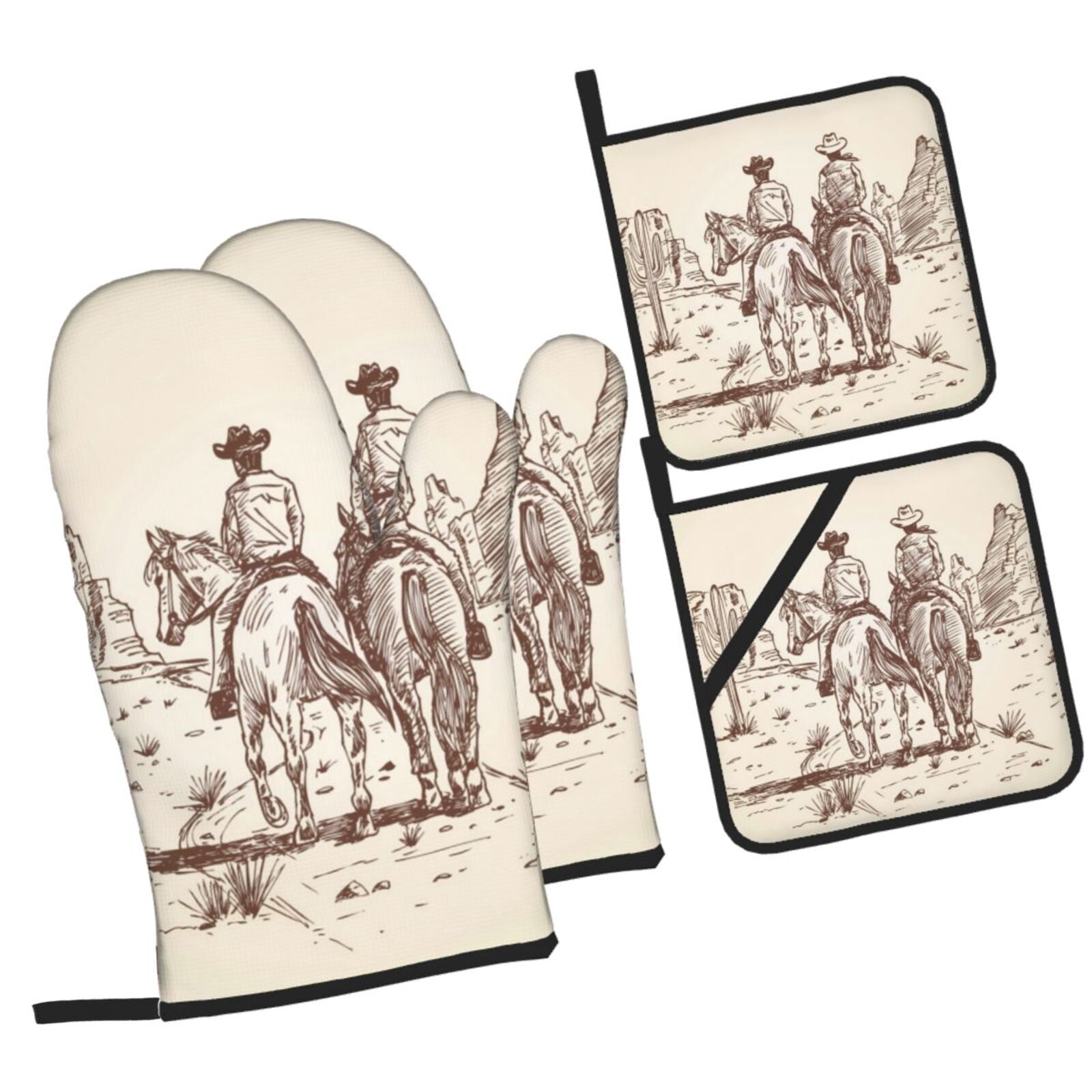 Daiia Cowboys Riding Horses Pattern Oven Mitts and Pot Holders 4 pcs ...