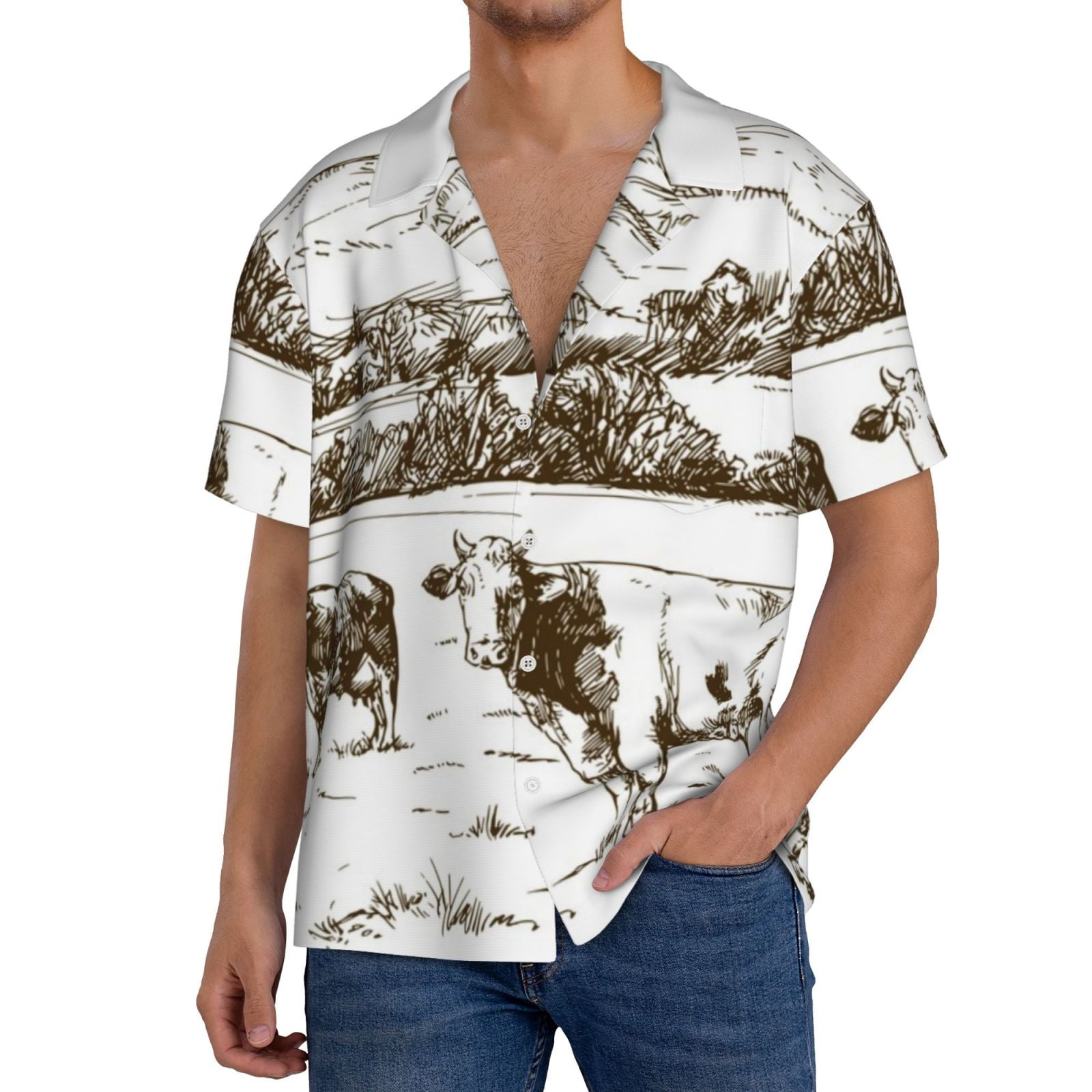Daiia Cows Grazing On The Meadow 2 Men's Linen Shirts Short Sleeve ...
