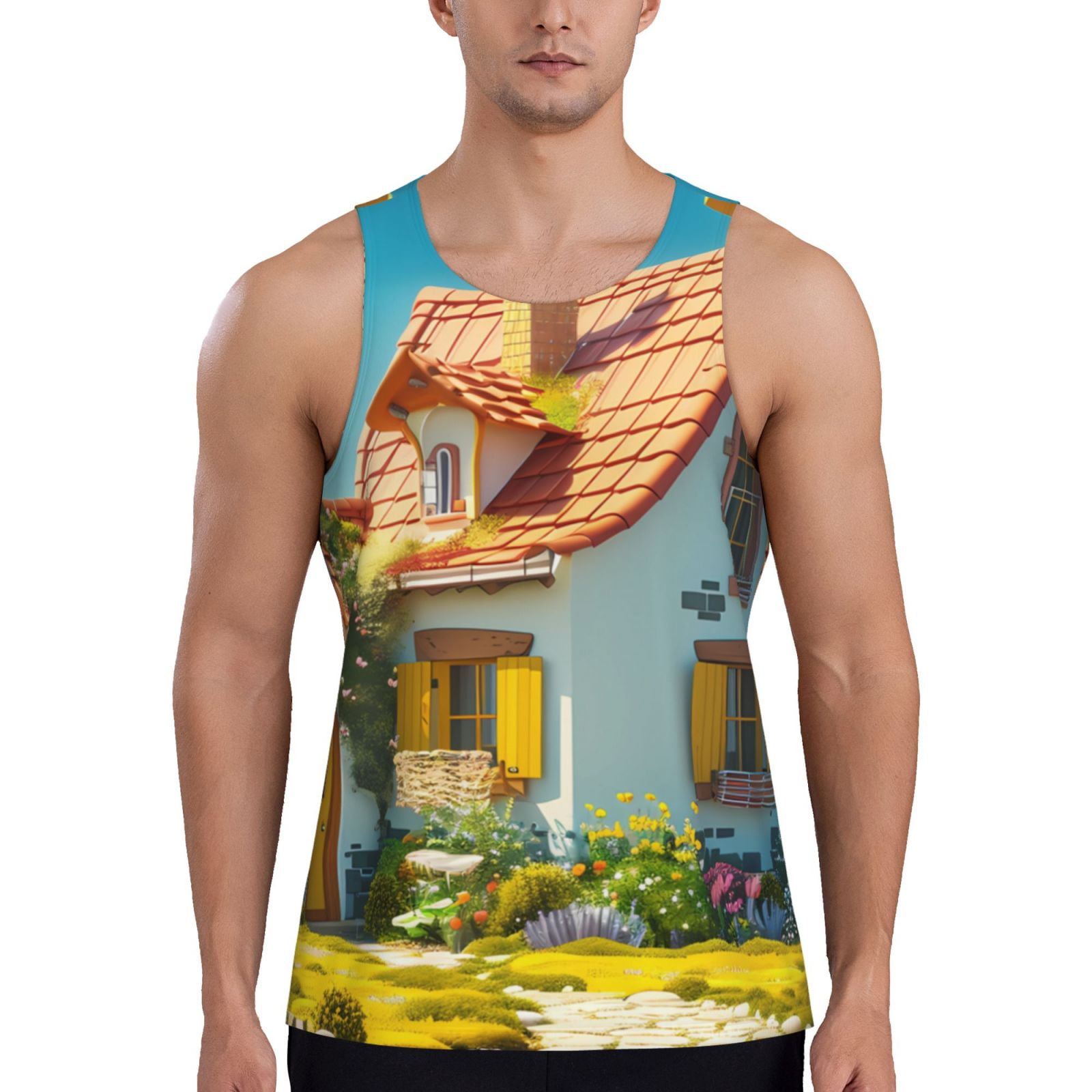Daiia Cozy Cartoon Backyard Printed Men's Quick Dry Fit Muscle Tank Top ...