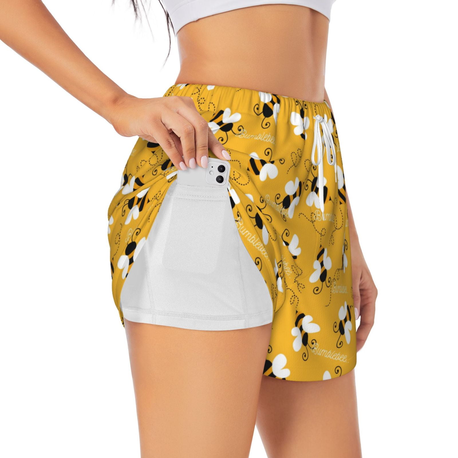 Daiia Cute Bee Butterfly Yelllow Pattern Women's 2 in 1 Running Shorts ...