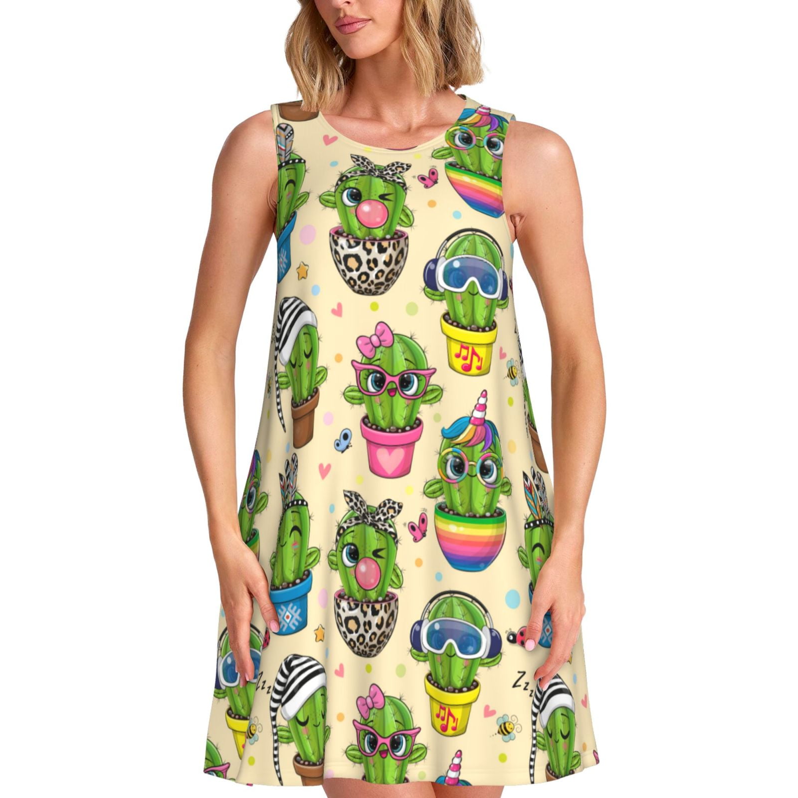 Daiia Cute Cartoon Cactus Print Women's Dresses 2025 Trendy Short ...