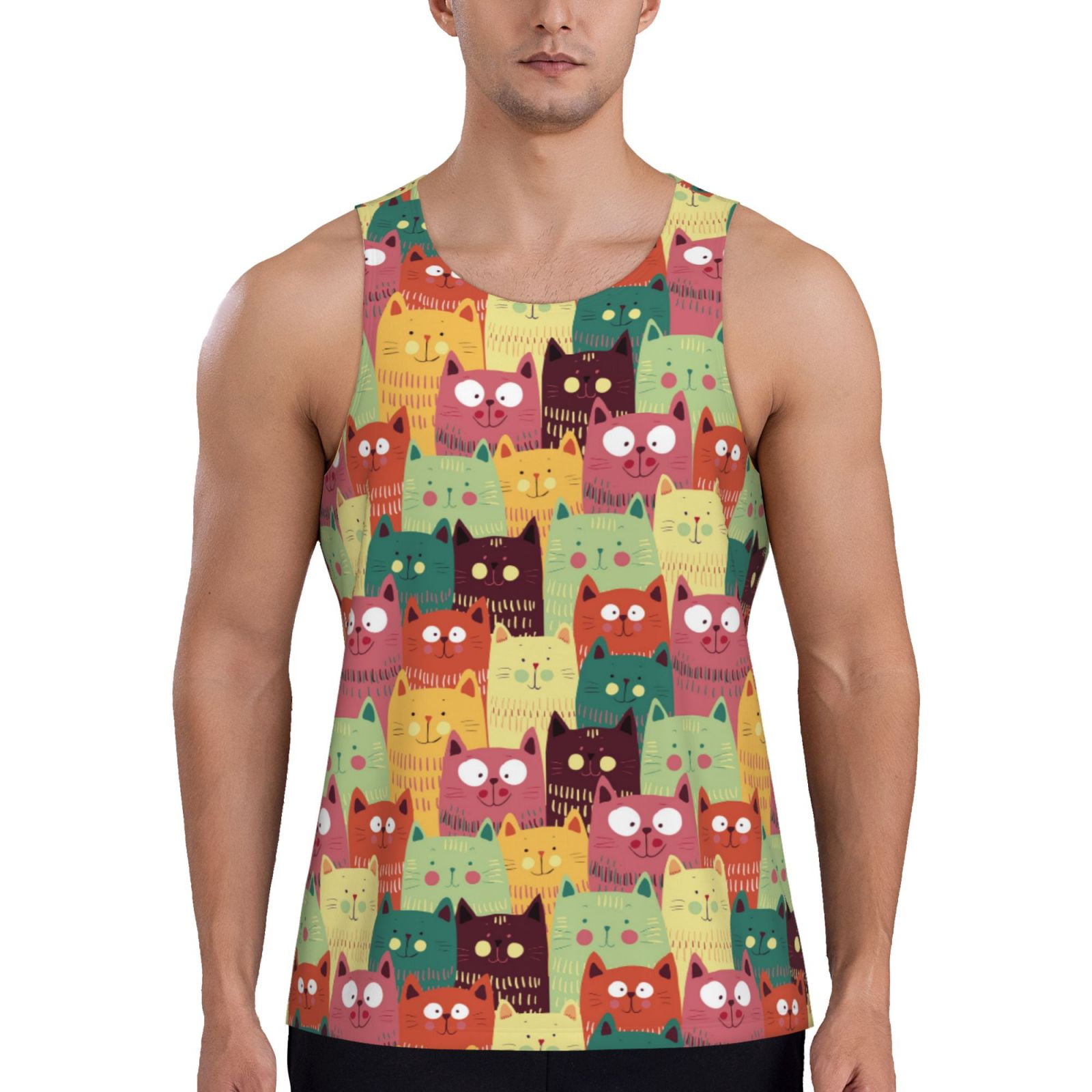Daiia Cute Cartoon Cat Printed Men's Quick Dry Fit Muscle Tank Top Slim ...