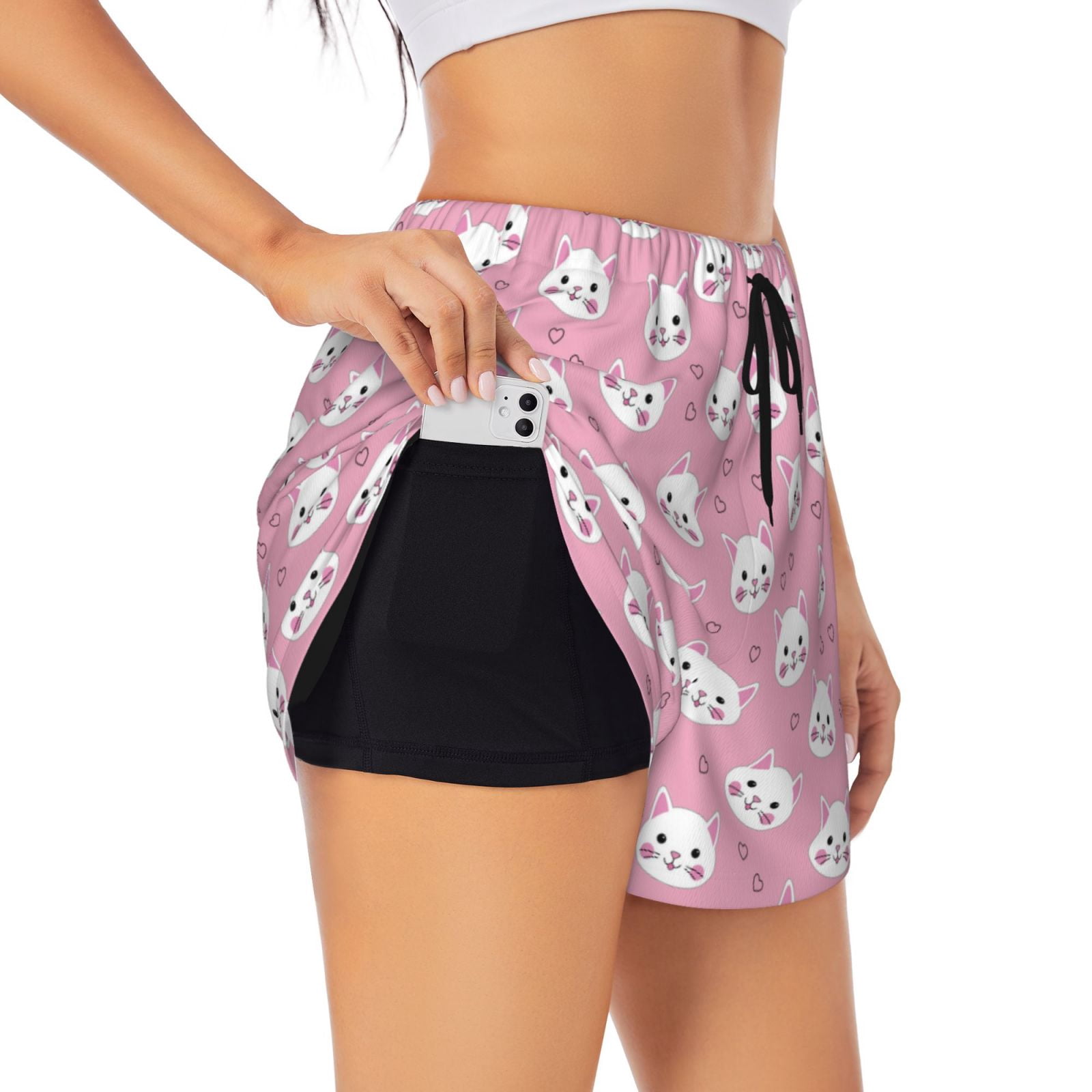 Daiia Cute Cat Pattern Women's 2 in 1 Running Shorts - Lightweight ...